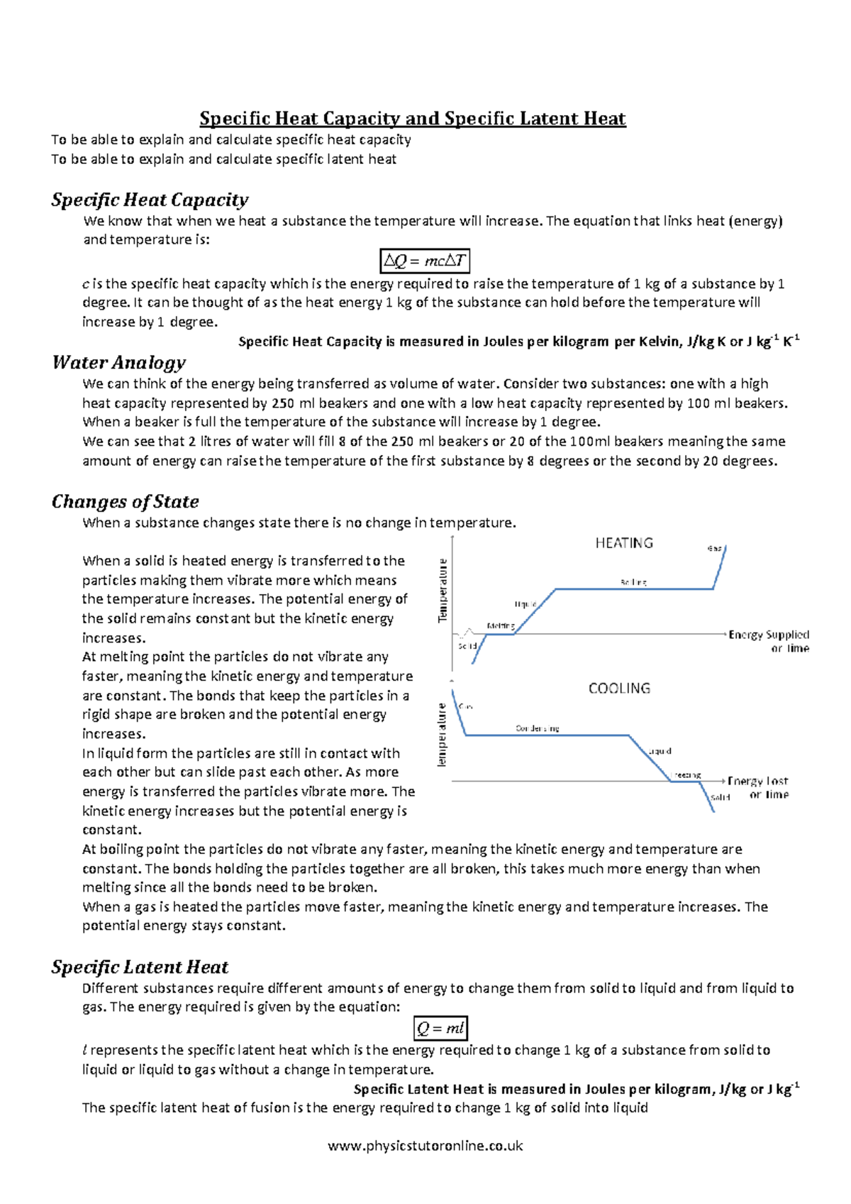 Specific Heat Capacity & Latent Heat Notes (Physics 101) - Studocu