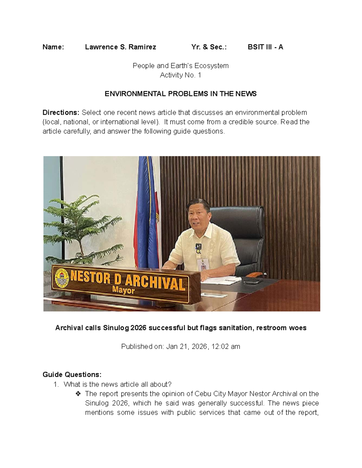 ENV 101 Activity No. 1: Environmental Issues from Sinulog 2026 - Studocu