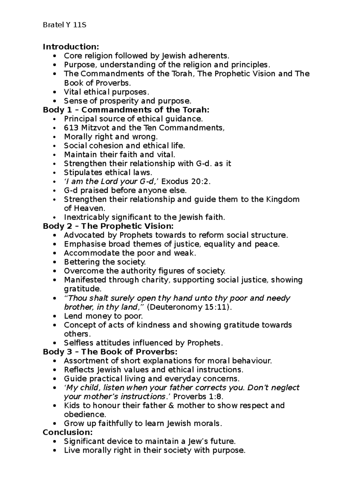Judaism Notes - Core Principles and Ethical Teachings (Bratel Y 11S ...