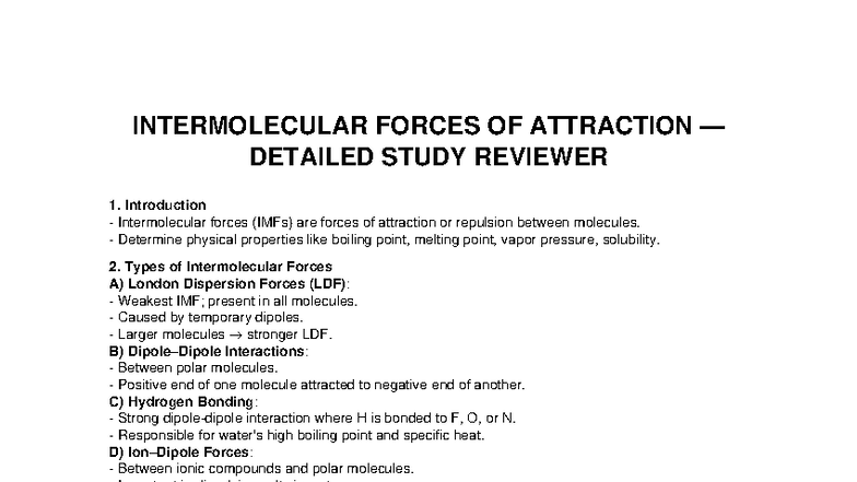 INTERMOLECULAR FORCES OF ATTRACTION REVIEWER (IMF 101) - Studocu