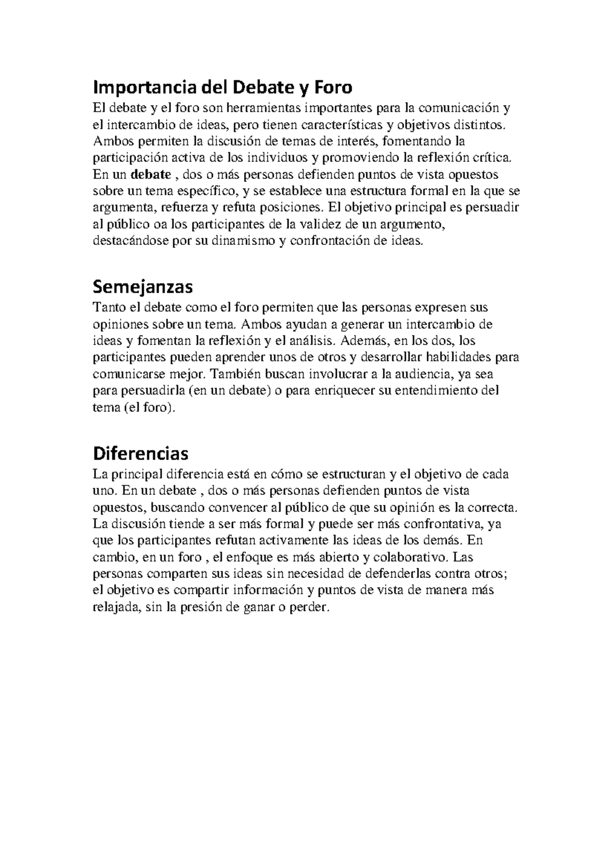 Importancia del Debate y Foro en la Comunicación y la Reflexión - Studocu