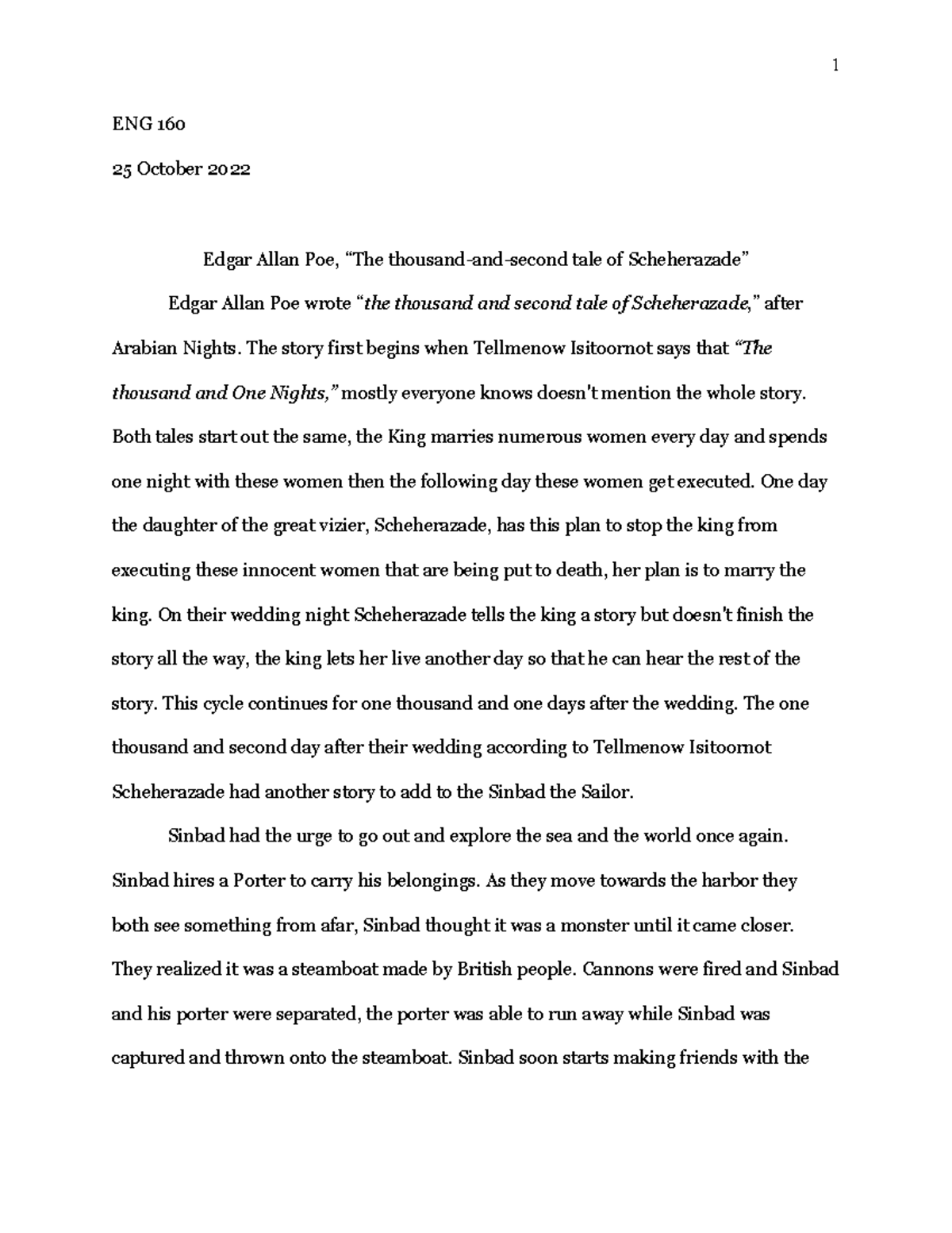 ENG 160: Analysis of Scheherazade and Sinbad's Tales - Studocu