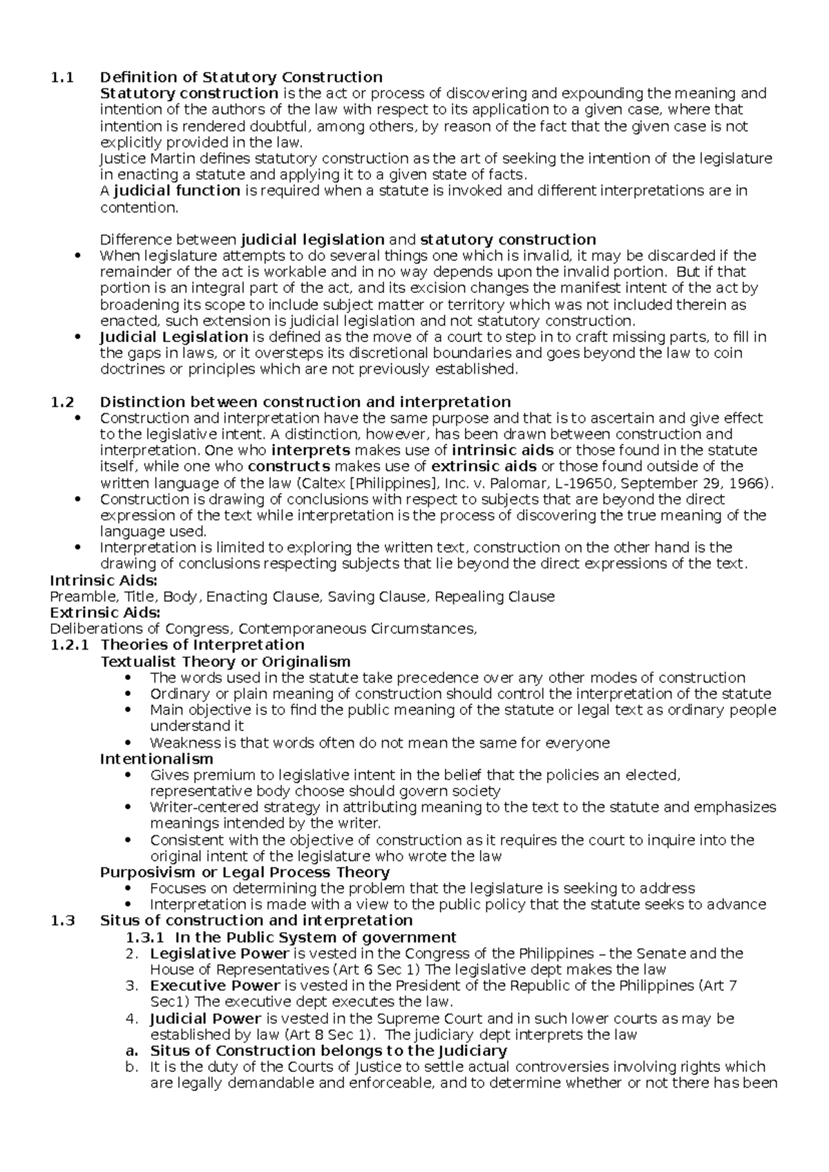 Statcon syllabus notes - 1 Definition of Statutory Construction ...