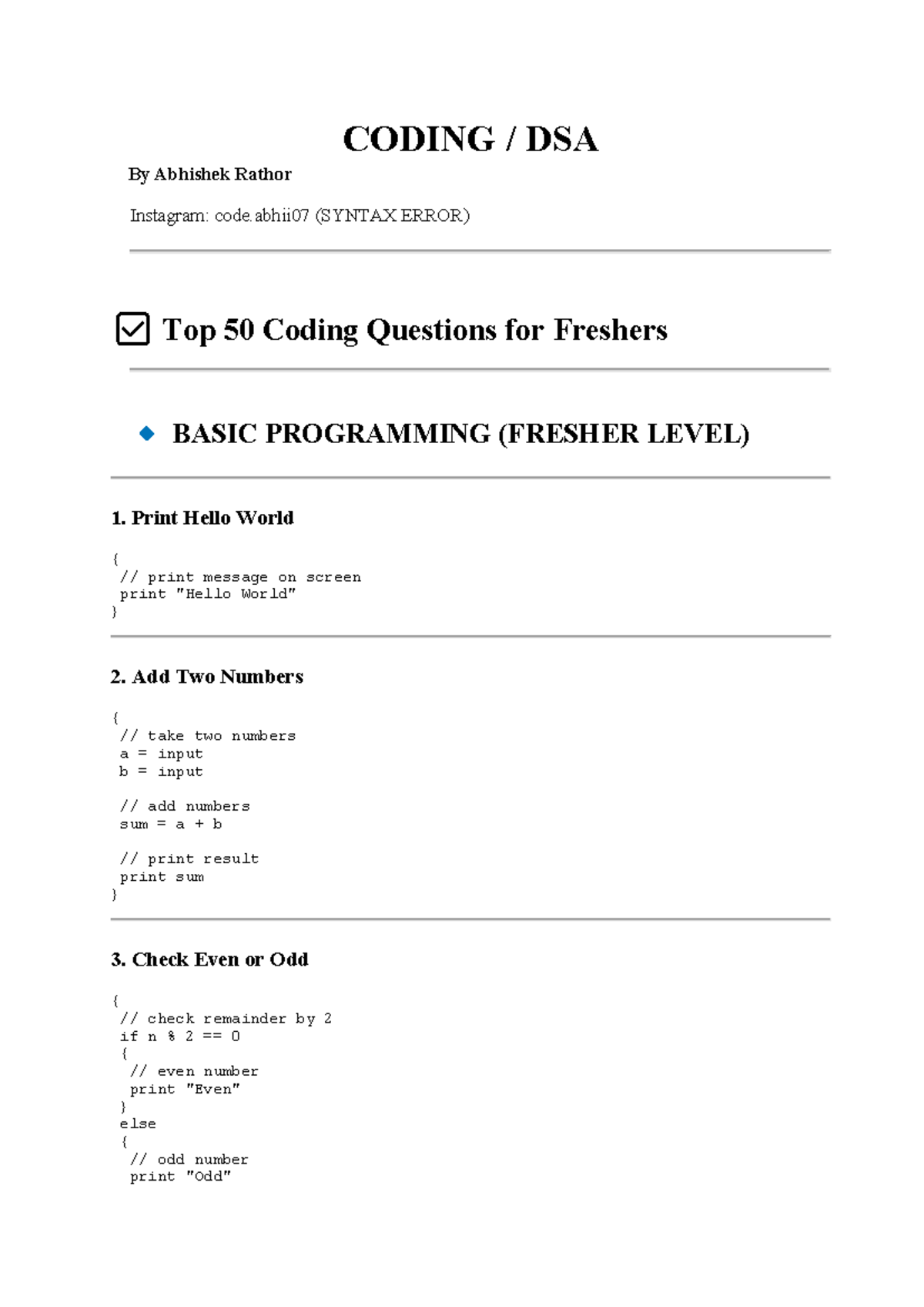 Top 50 Coding Questions for Freshers (BASIC PROGRAMMING) - Studocu