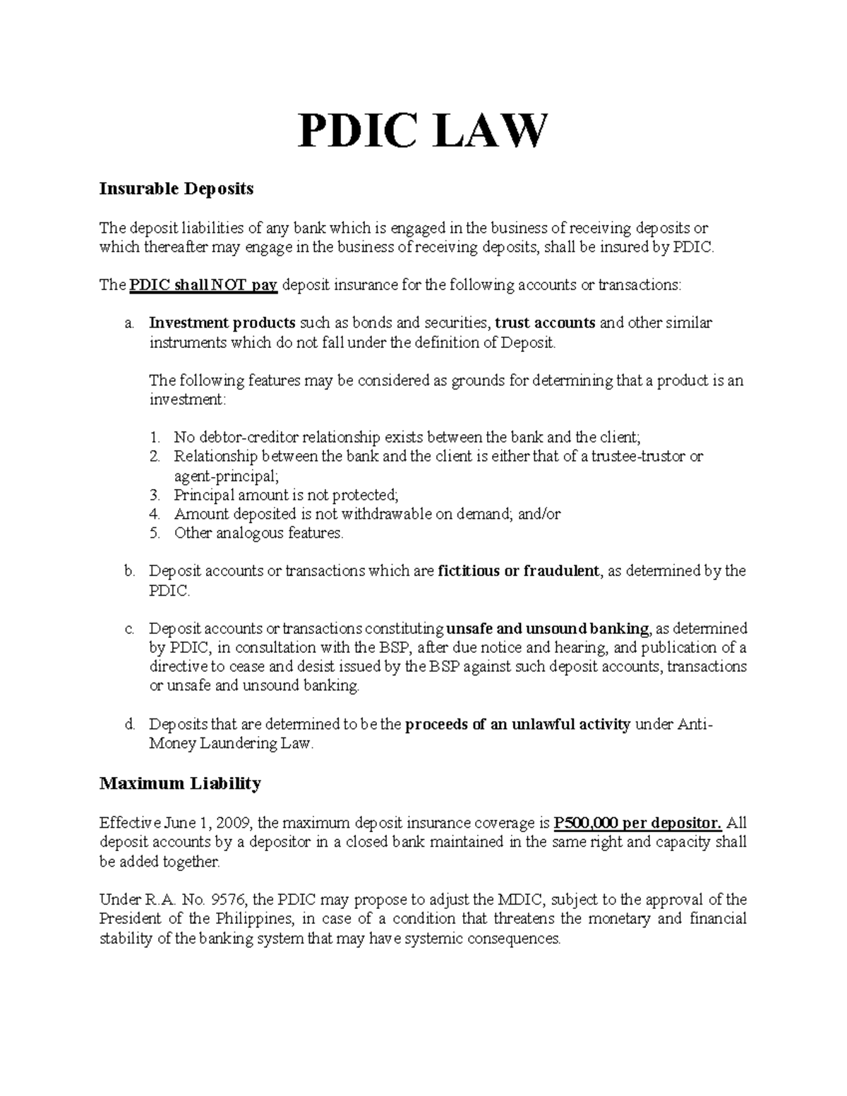 PDIC LAW Handout: Insurable Deposits & Claims Requirements - Studocu