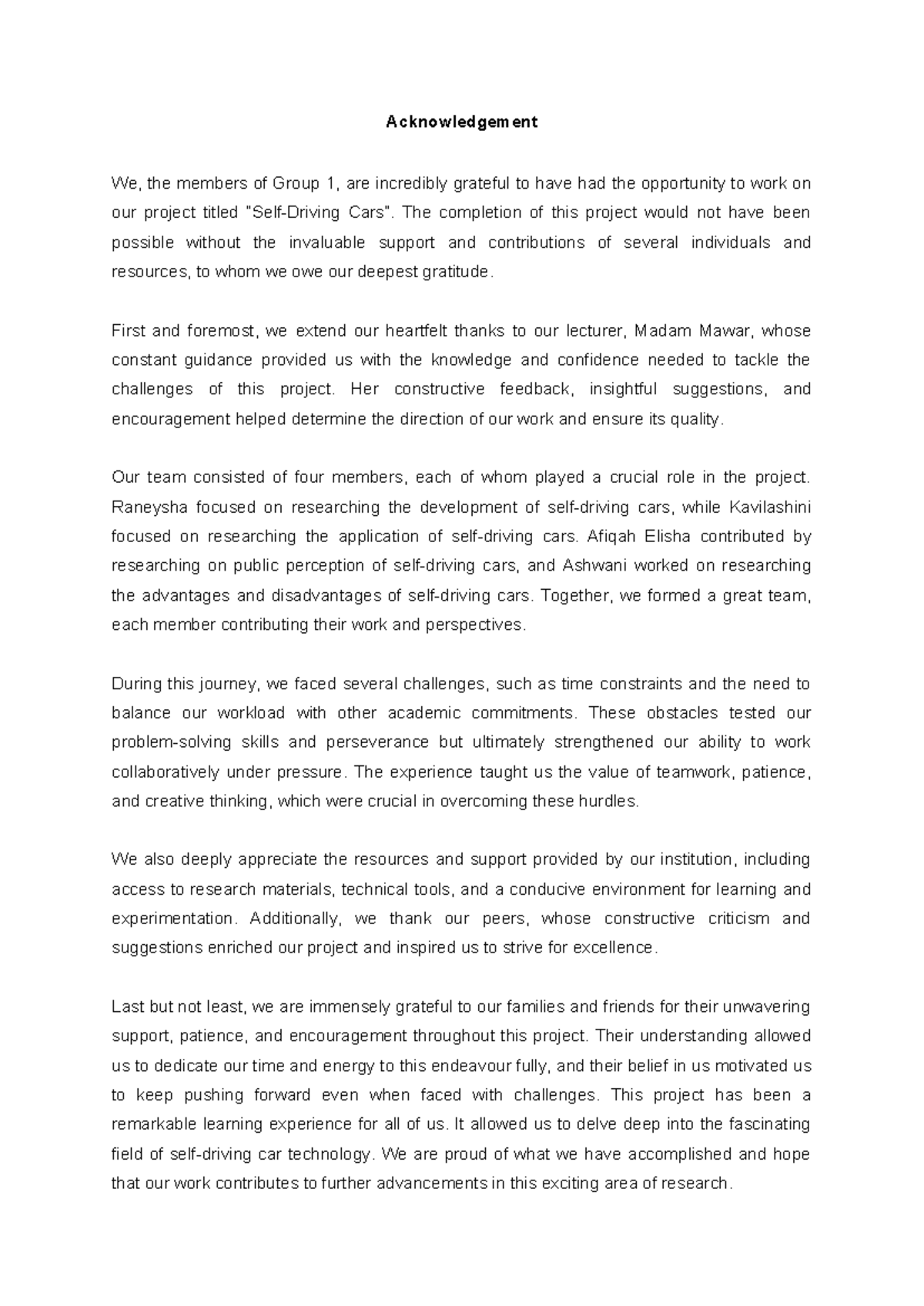 Acknowledgement (CA Project) - Acknowledgement We, the members of Group ...