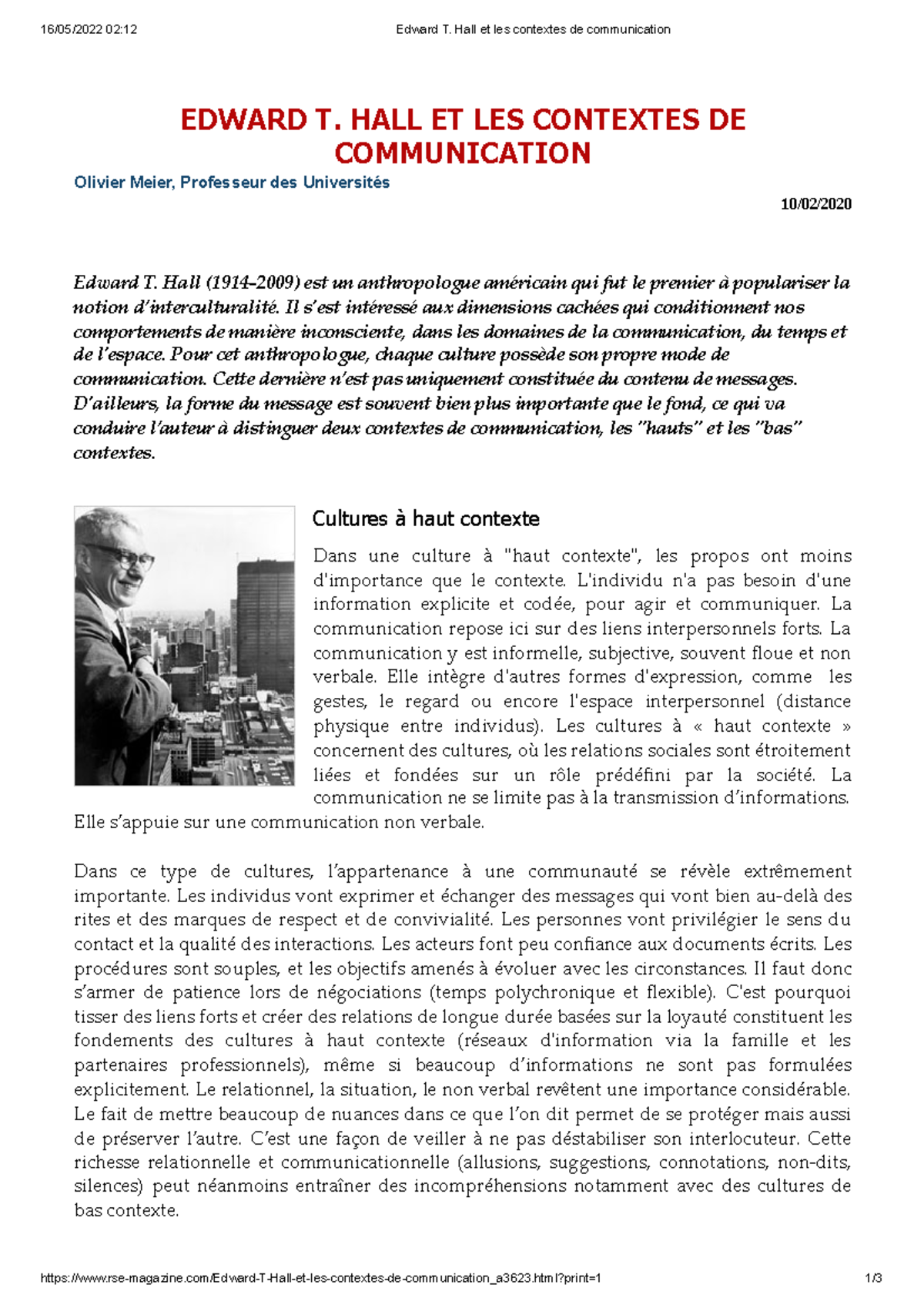 Analyse des contextes de communication selon Edward T. Hall - Studocu