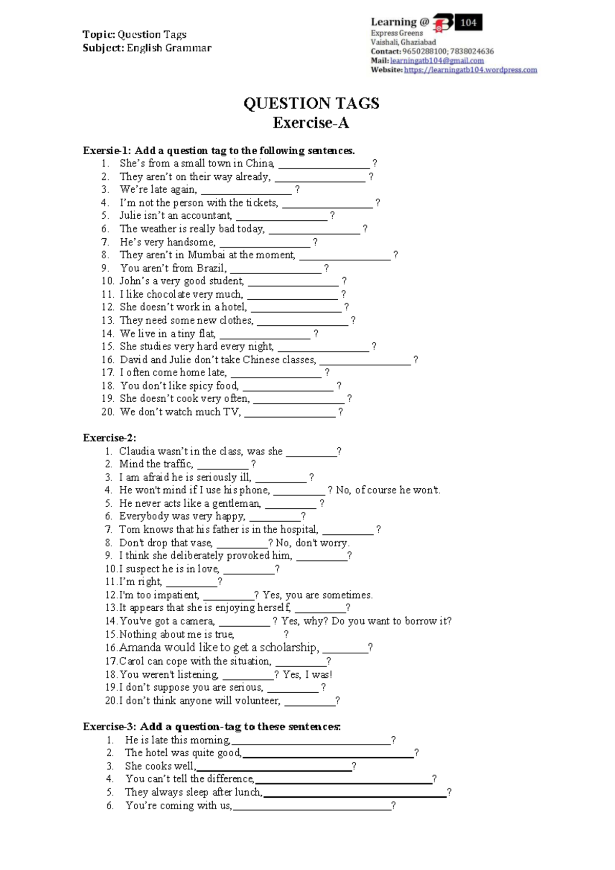 Question Tags Exercise: English Grammar Practice - Studocu
