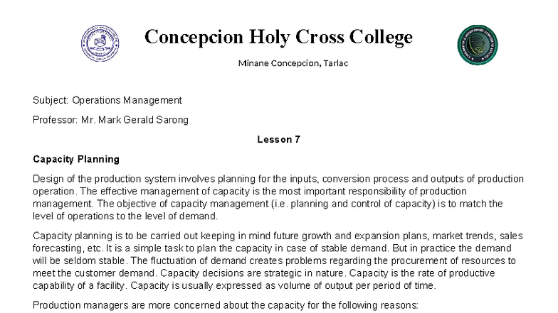 Operations Management (OM) Lesson 7: Capacity Planning Insights - Studocu