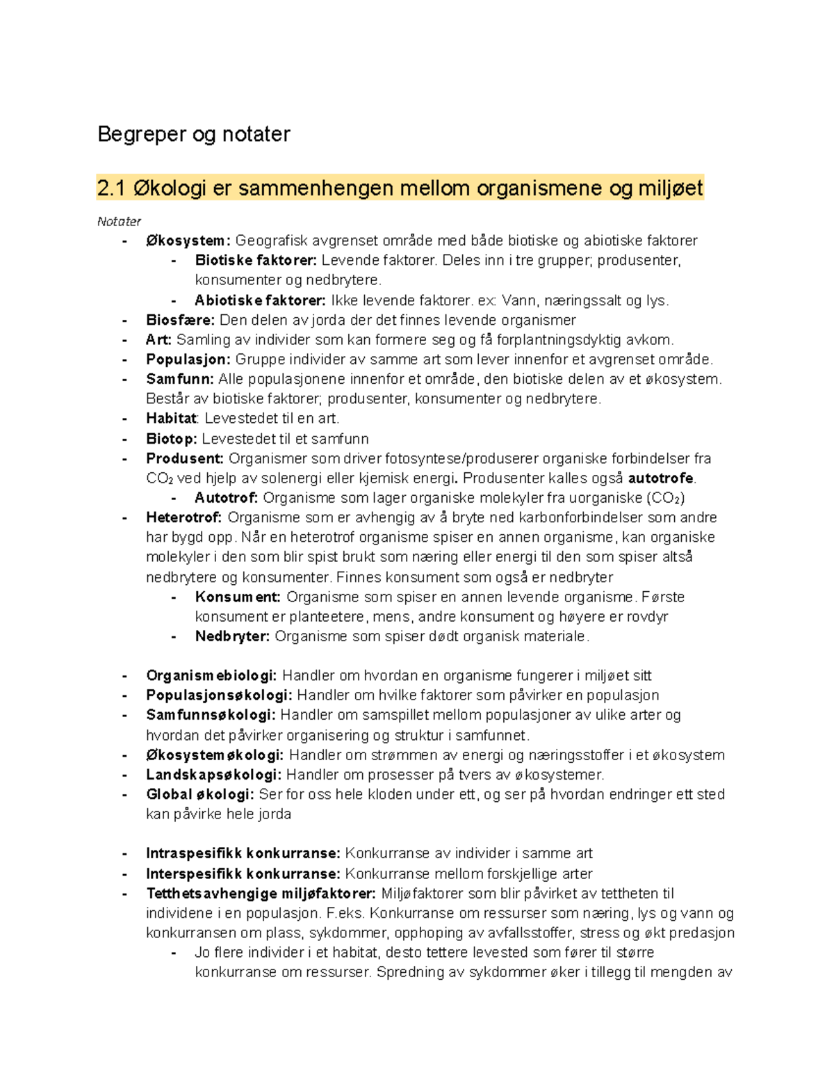 Kap. 2: Økologi og Økosystemer - Biologi 2 Notater og Begreper - Studocu