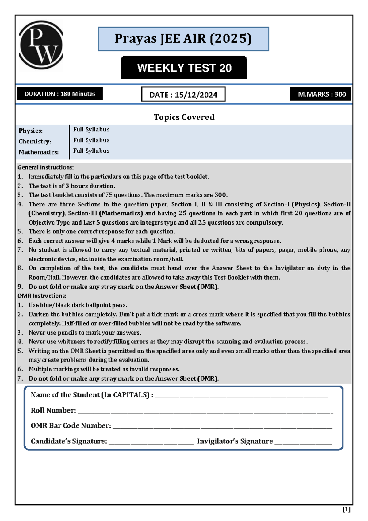Weekly Test 20 - Prayas JEE AIR 2025 (Duration: 180 Minutes) - Studocu
