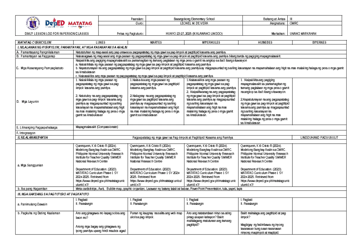 G3Q1W2 DLL Filipino (Matatag): Daily Lesson Log for Grade 3 - Studocu