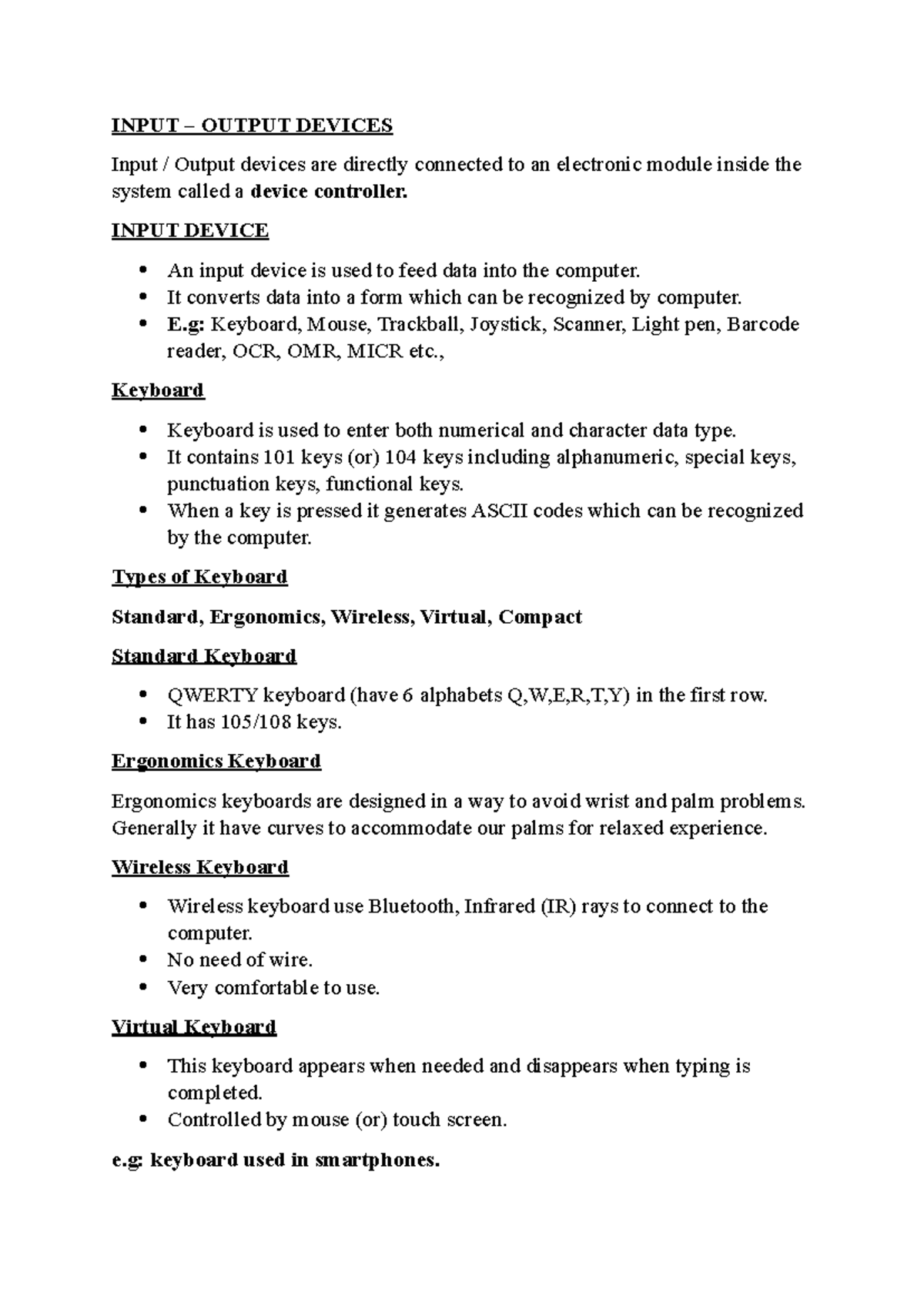 INPUT OUTPUT DEVICES: Overview of Input and Output Technologies - Studocu