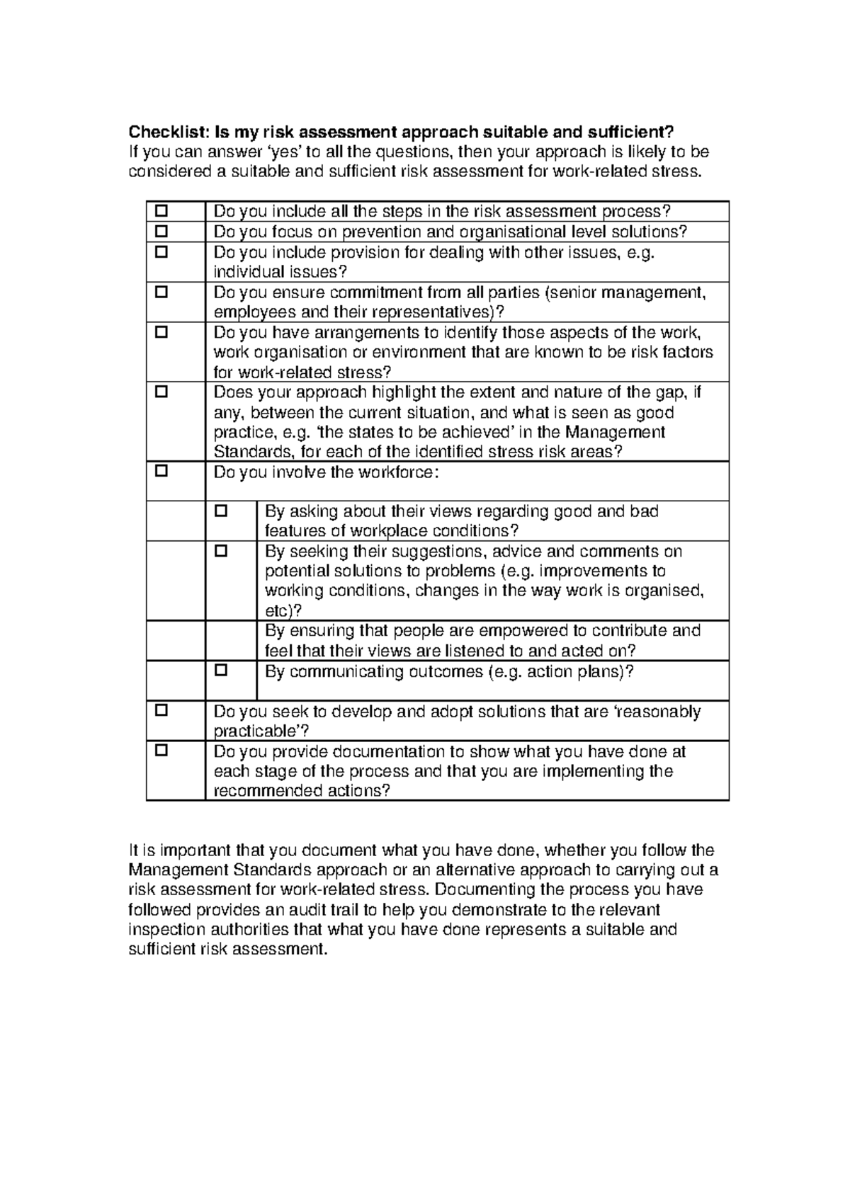 Checklist: Evaluating the Suitability of Risk Assessment for Work ...