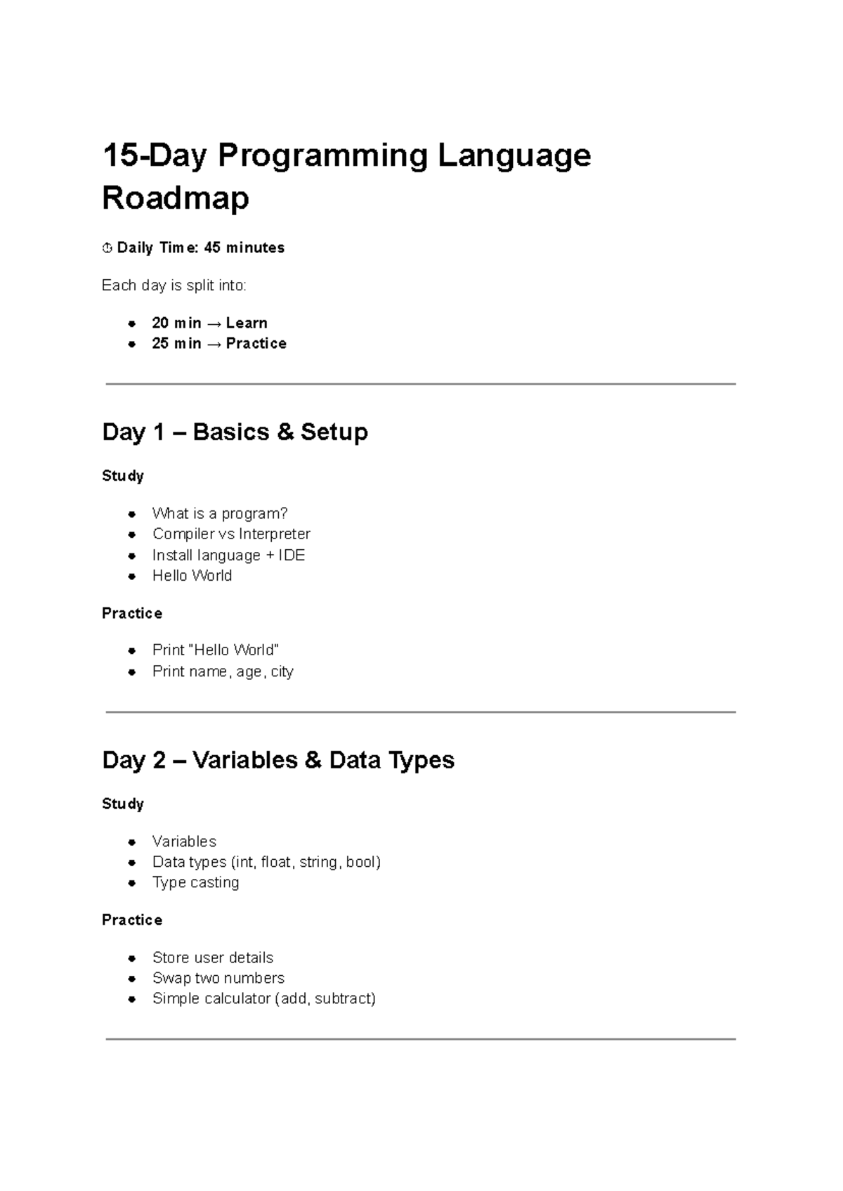 15-Day Programming Language Roadmap (PLR 101) - Kaabil Engineer - Studocu
