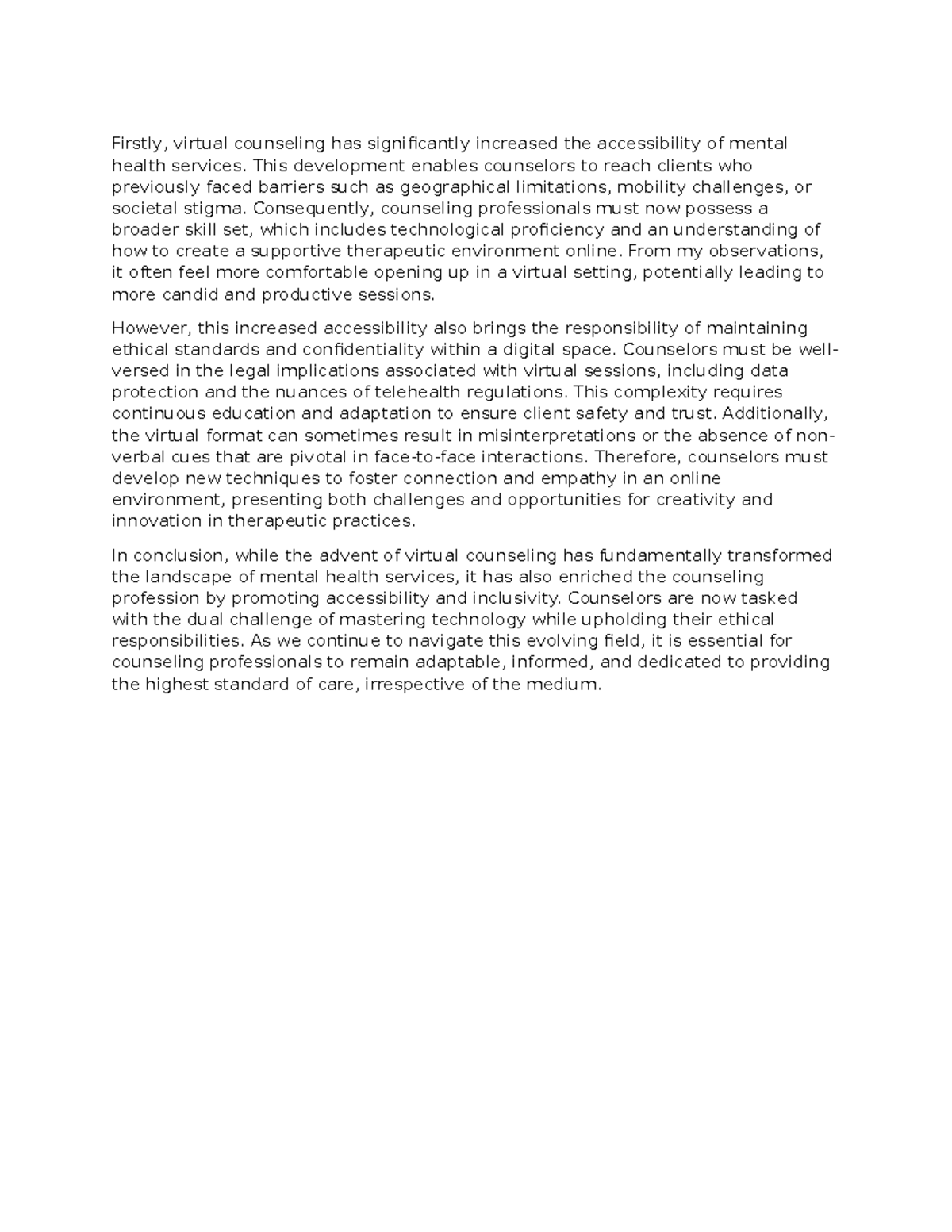 Coun 5241 Week 7 Discussion: The Impact of Virtual Counseling on Mental ...