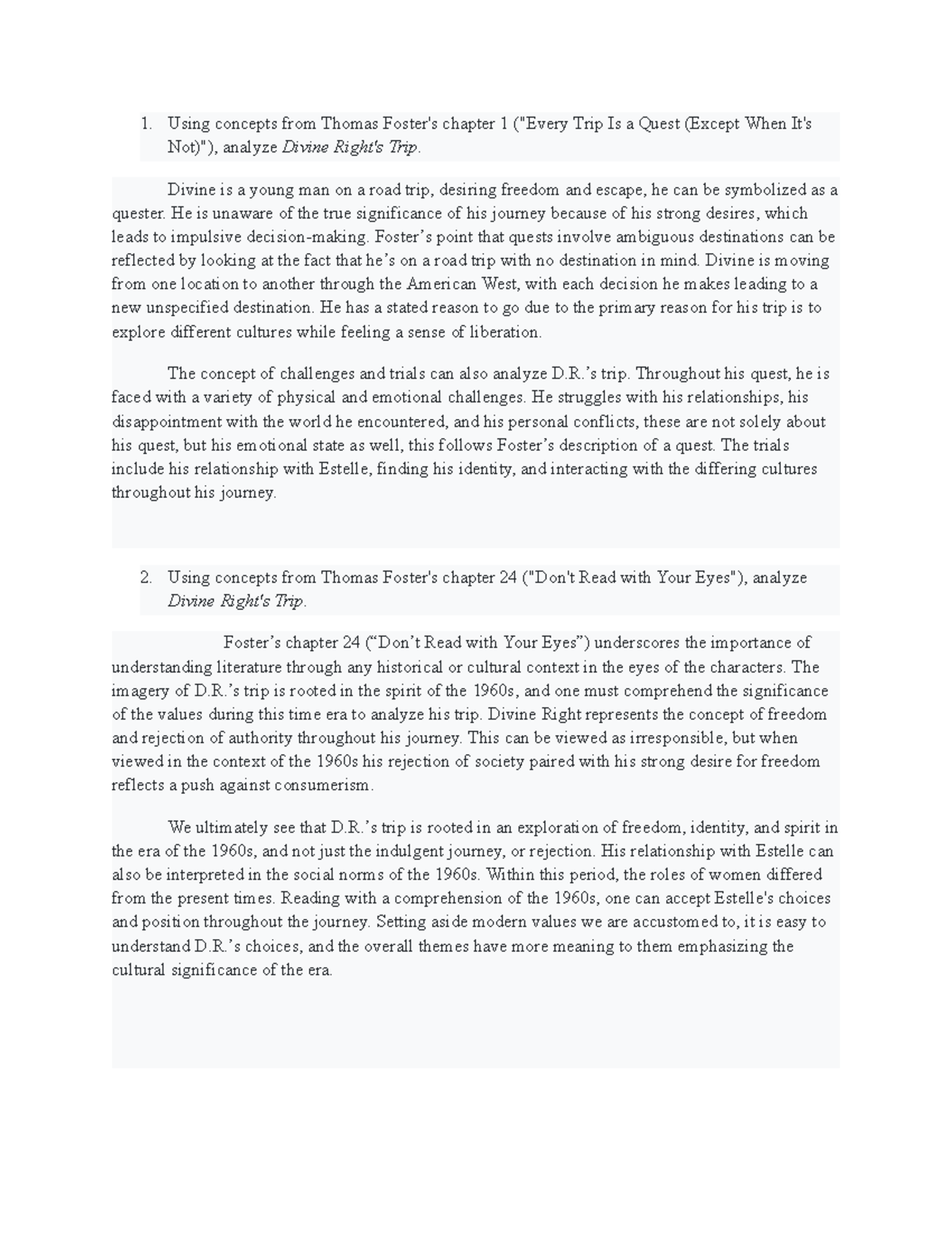 Unit 5 Reading Responses - Using concepts from Thomas Foster's chapter ...
