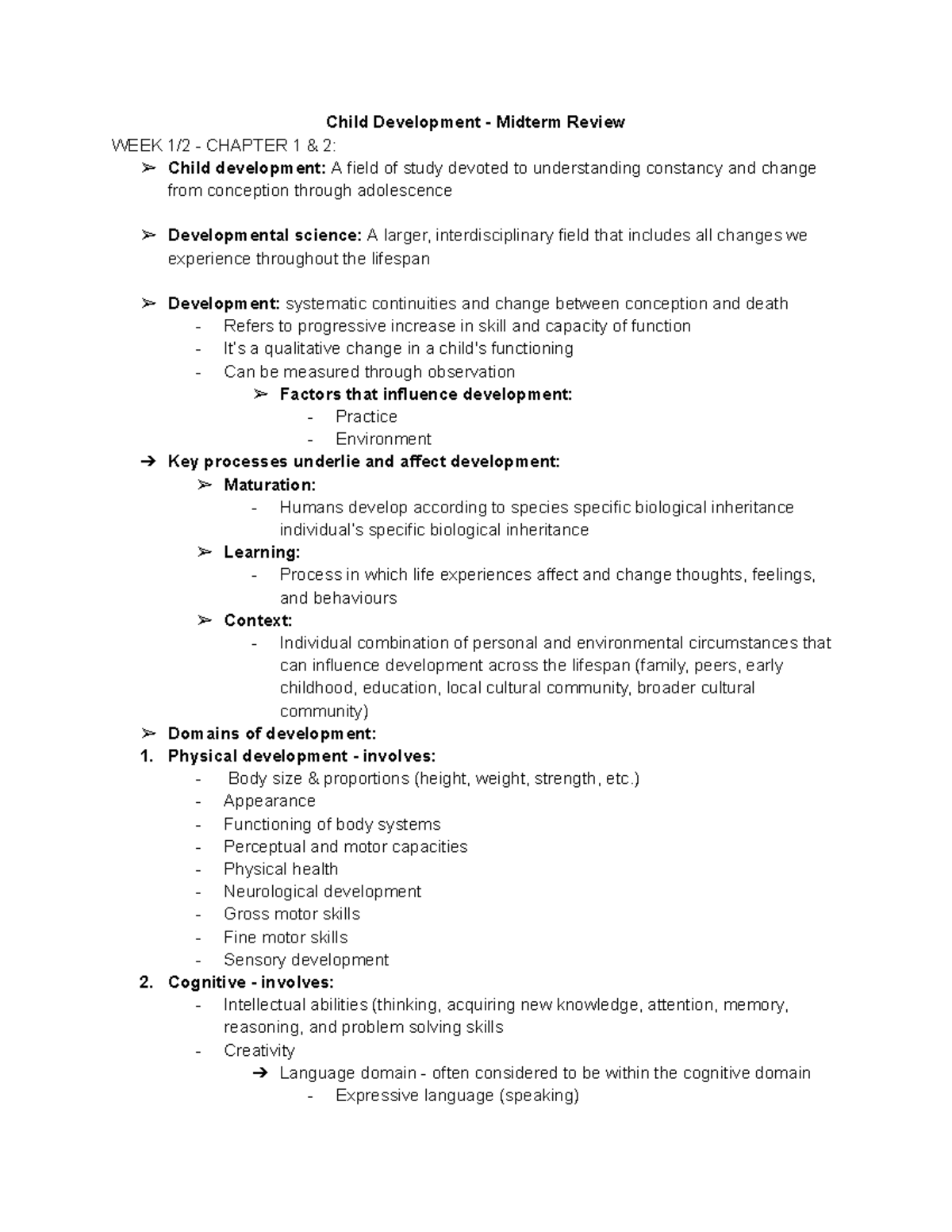 Child development midterm review - Child Development - Midterm Review WEEK 1/2 - CHAPTER 1 & 2 ...