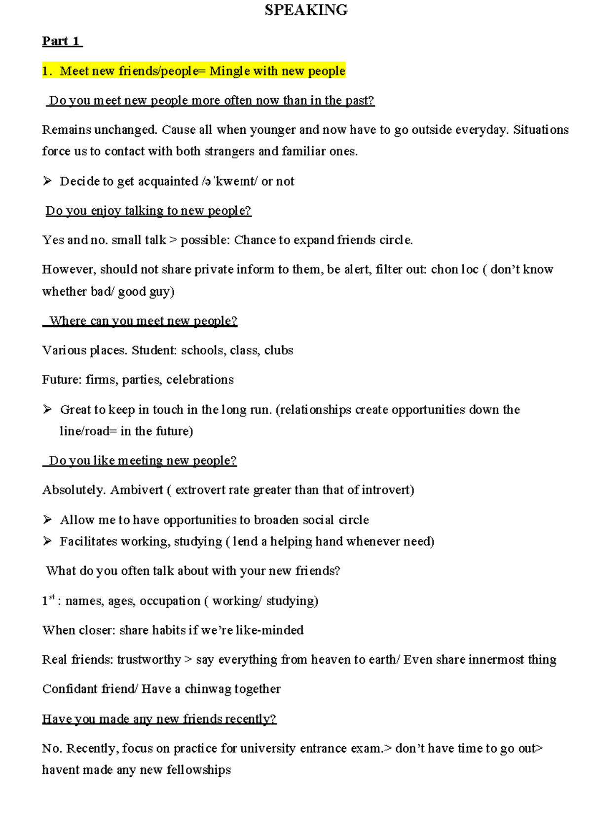 SPEAKING Part 1: Meeting New People and Social Interactions - Studocu