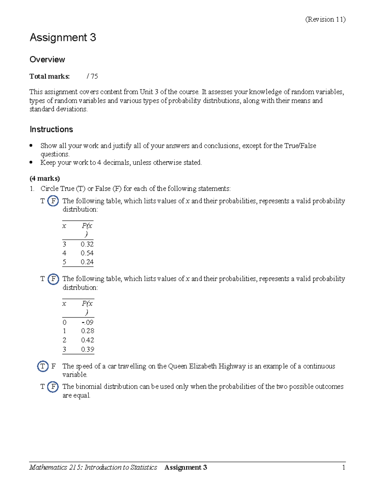 MATH215: Assignment 3 Overview on Random Variables & Probability Distributions - Studocu