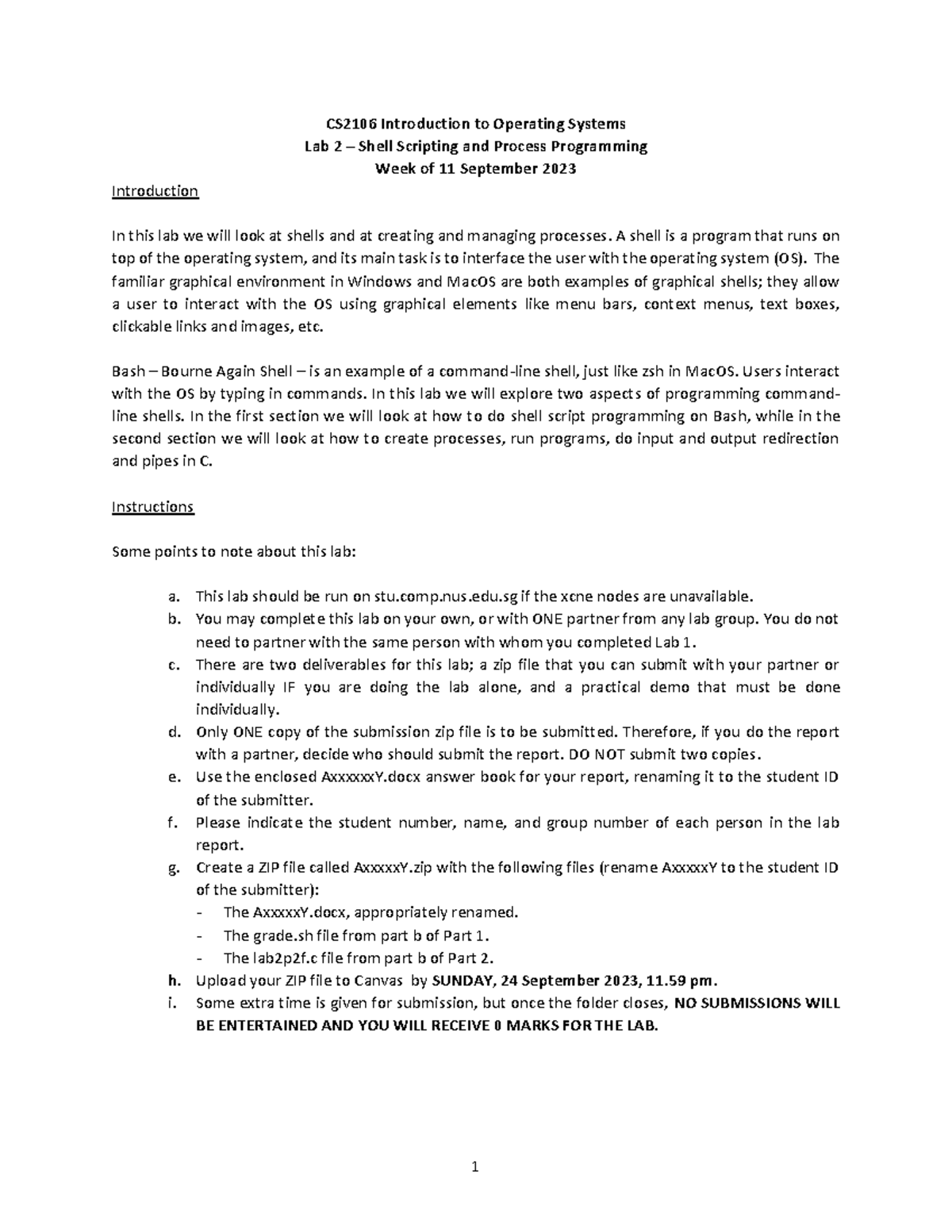 CS2106 Lab 2 - Shell Scripting and Process Prog Overview - Studocu