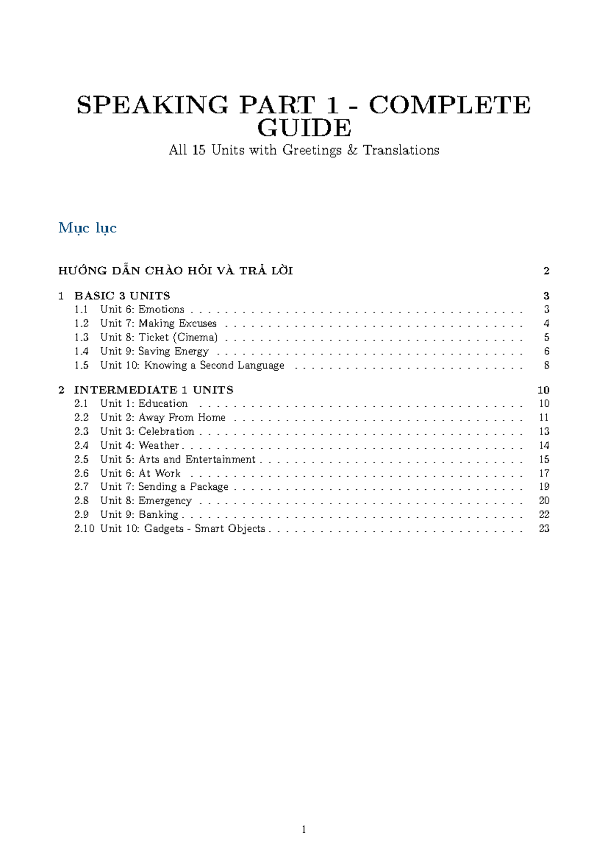 SPEAKING PART 1: COMPLETE GUIDE for INTERMEDIATE 1 (Units 1-10) - Studocu