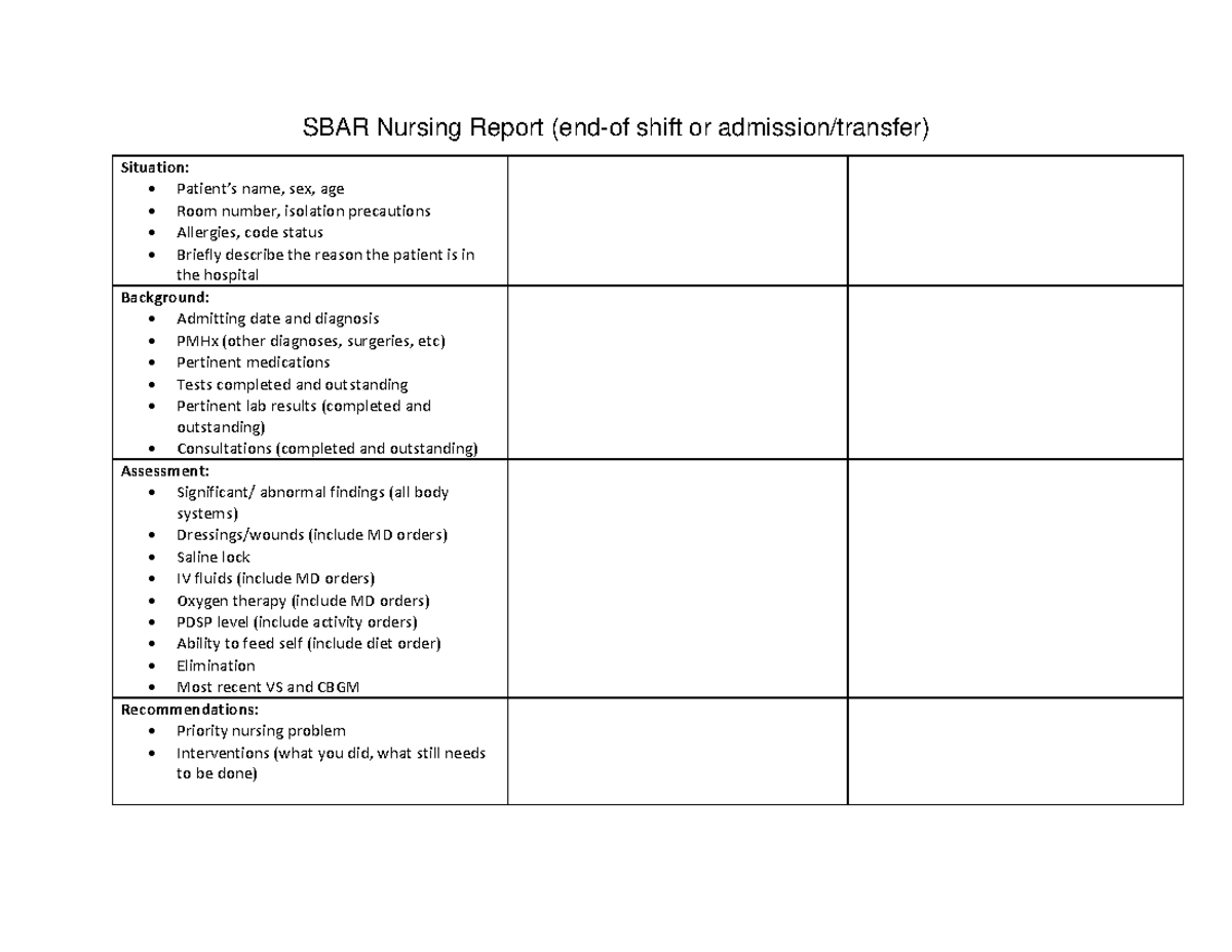 SBAR Nursing Report & Bedside Assessment Worksheet - Studocu