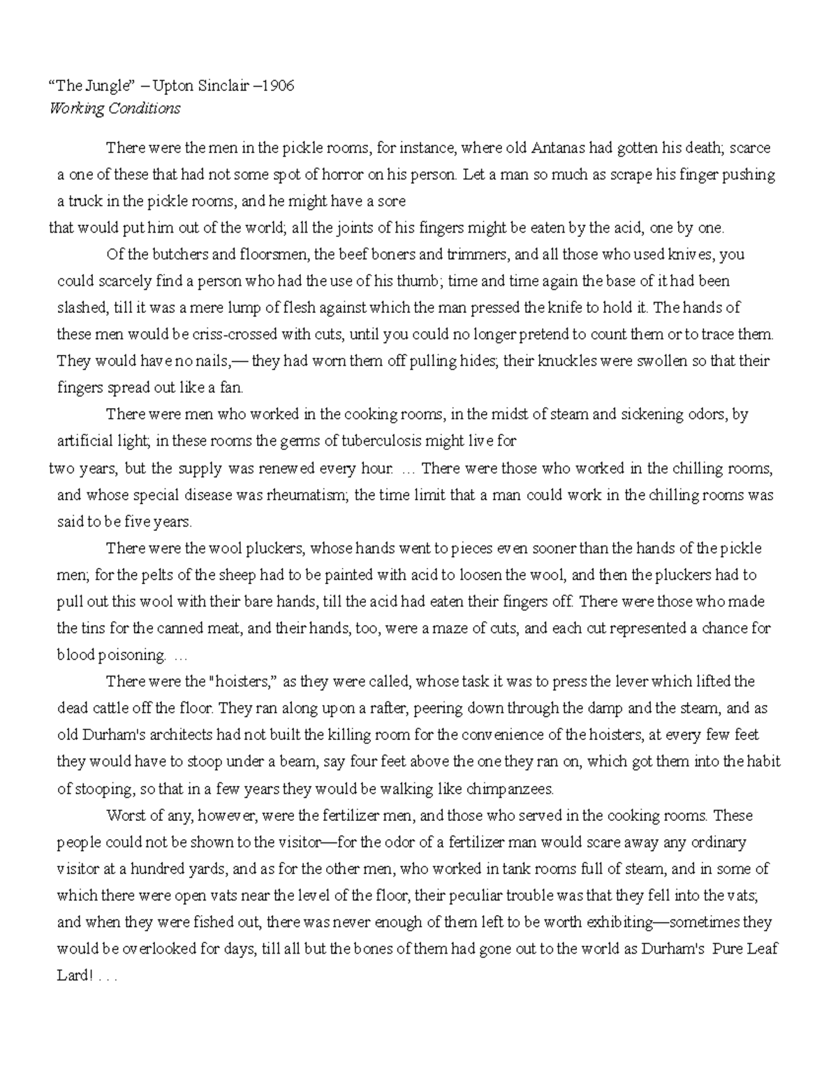 U.S. History: Analyzing Working Conditions in Upton Sinclair's "The ...