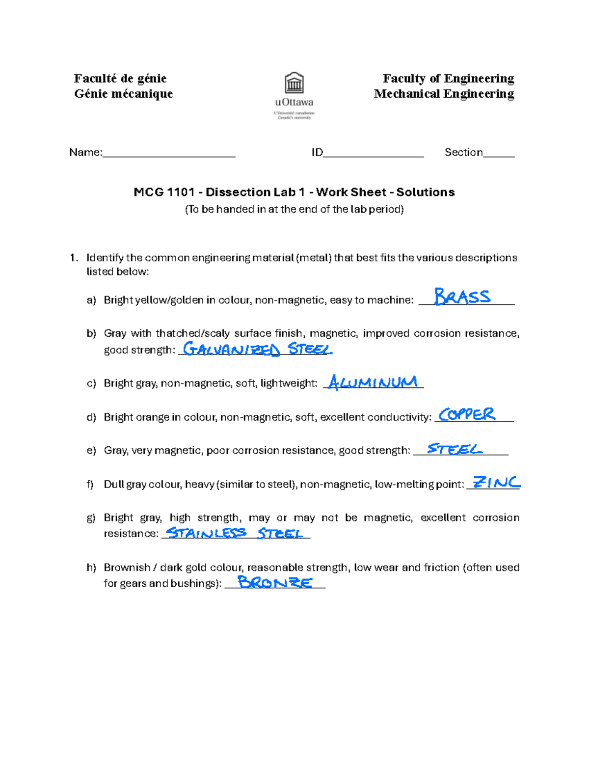 MCG 1101 - Mechanical Engineering Lab 1 Worksheet Solutions - Studocu