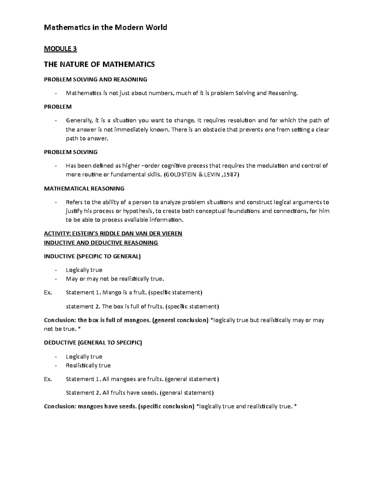 MMW- Module 3 - Mathematics in the Modern World MODULE 3 THE NATURE OF MATHEMATICS PROBLEM ...