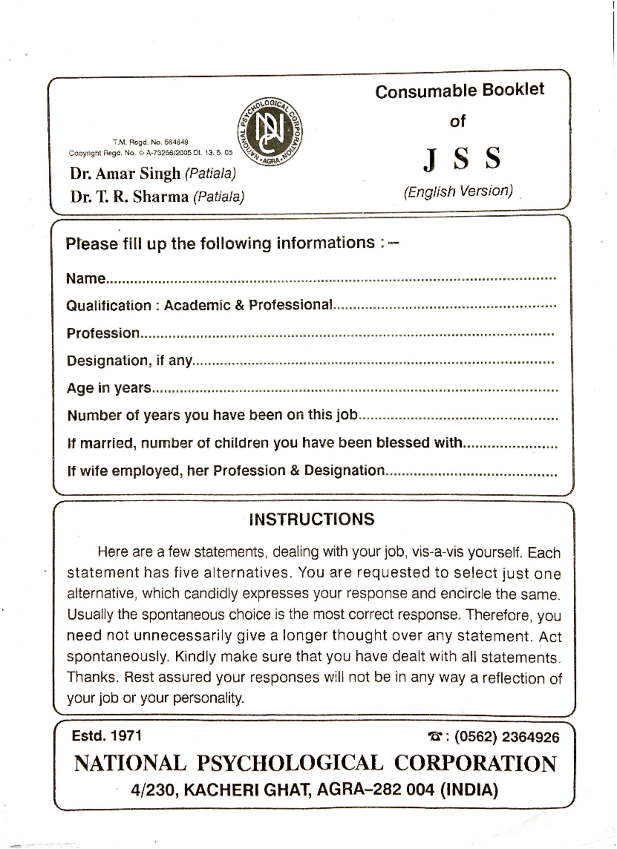 Job Satisfaction Scale (J S S) - Manual and Instructions - Studocu