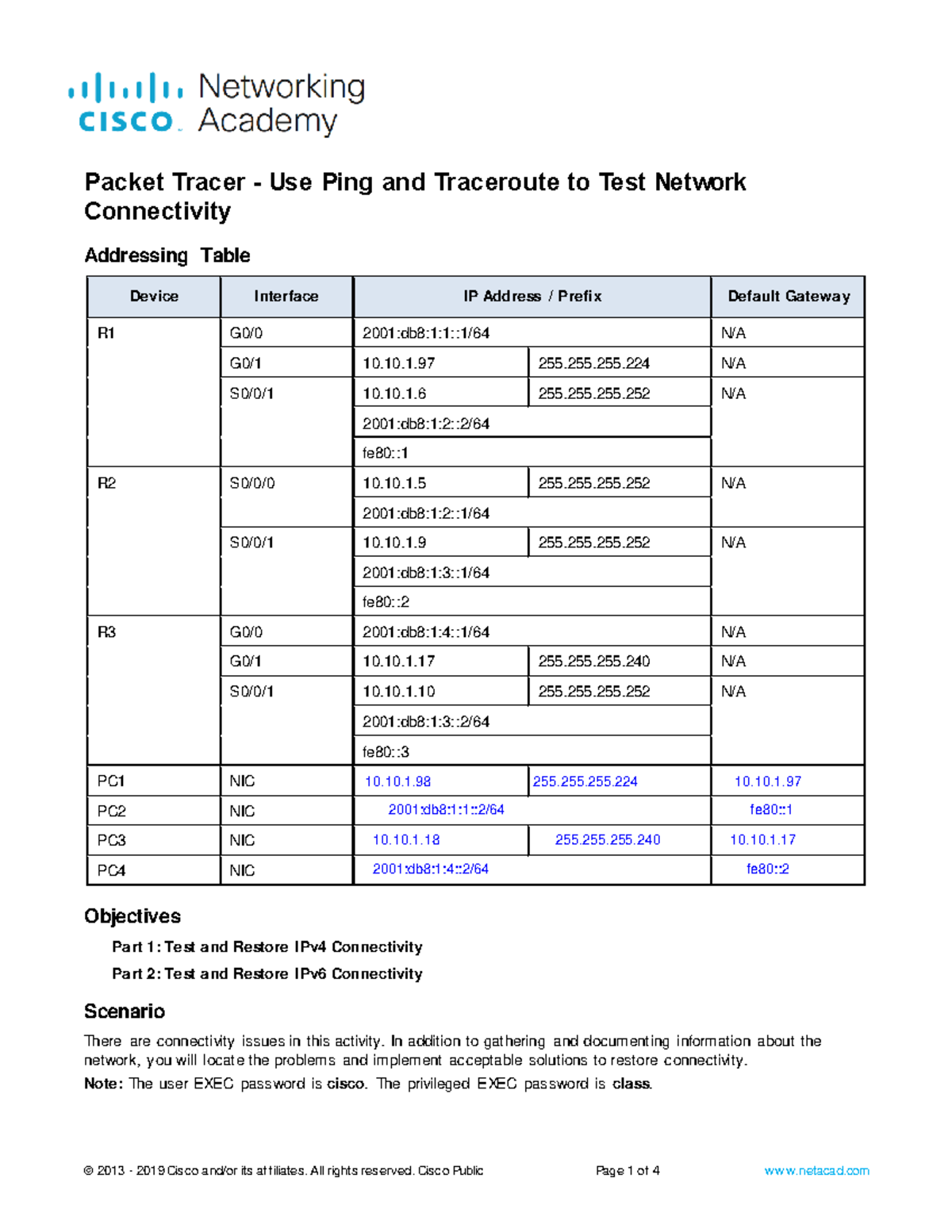 13.2.7 Packet Tracer: Using Ping & Traceroute for Network Testing - Studocu