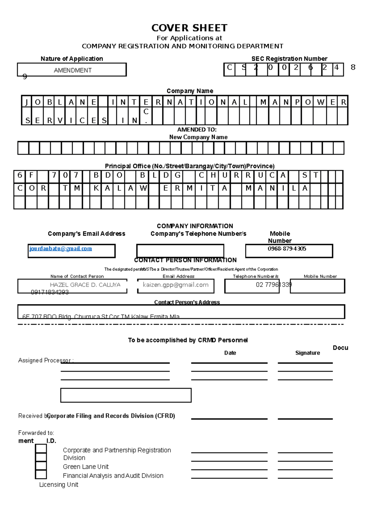 Company Registration Amendment Cover Sheet - CS 20026248 - Studocu