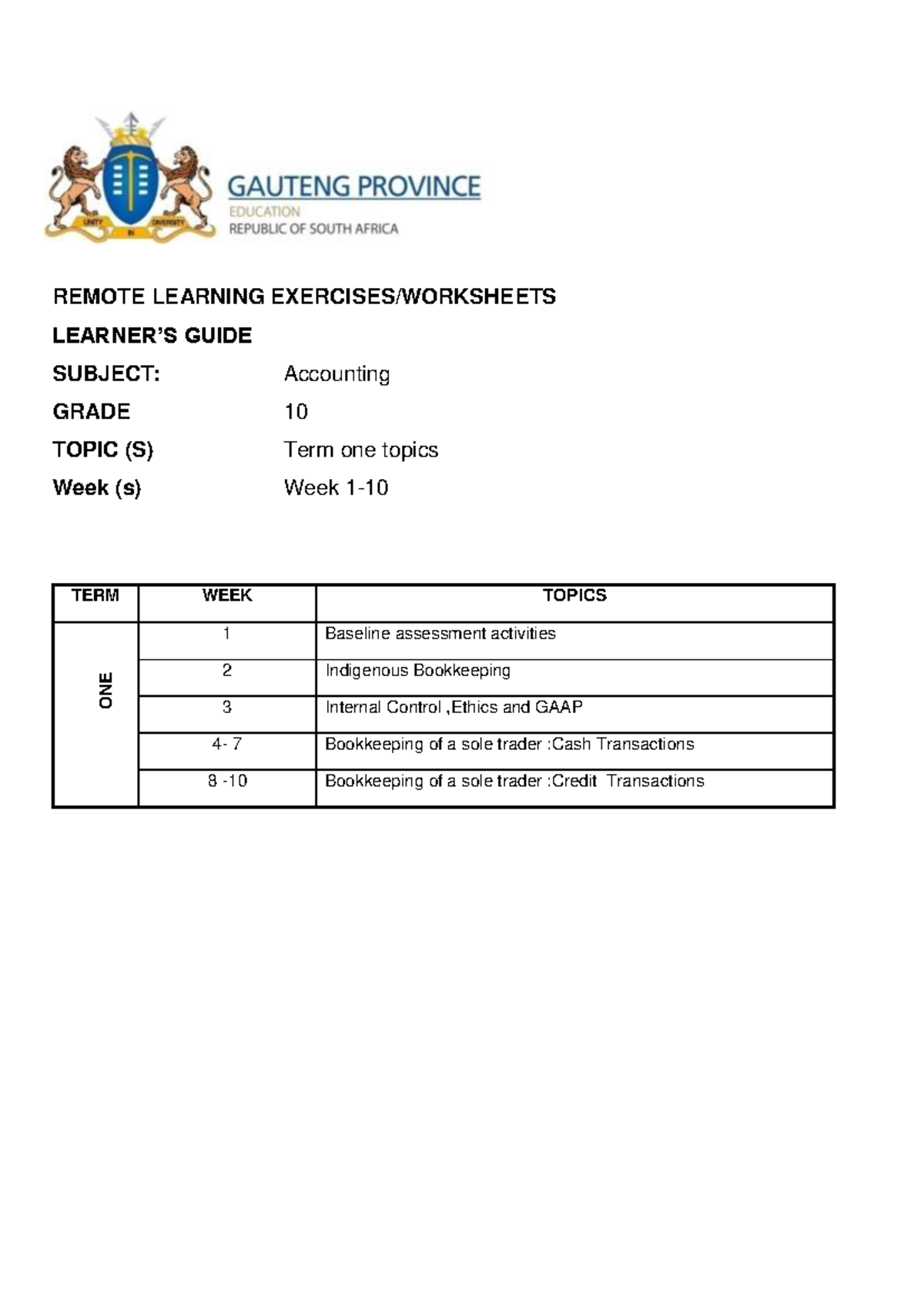 Grade 10 Accounting T1 Learner's Guide: Remote Learning Activities ...