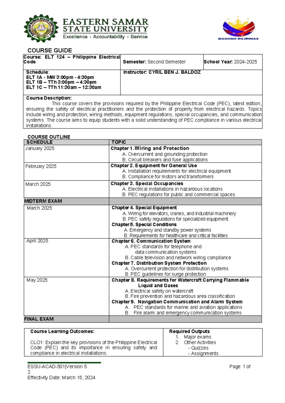 Course Guide: ELT 124 - Philippine Electrical Code Overview - Studocu