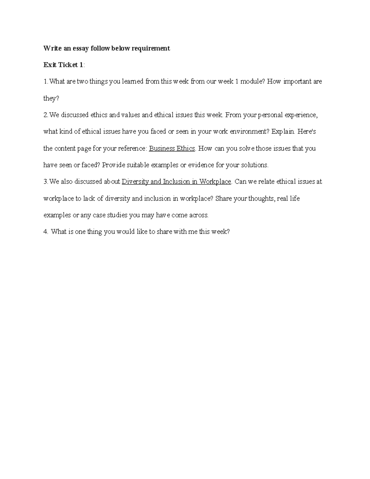 Exit Ticket 1: Essay on Ethics & Diversity in Workplace Issues - Studocu