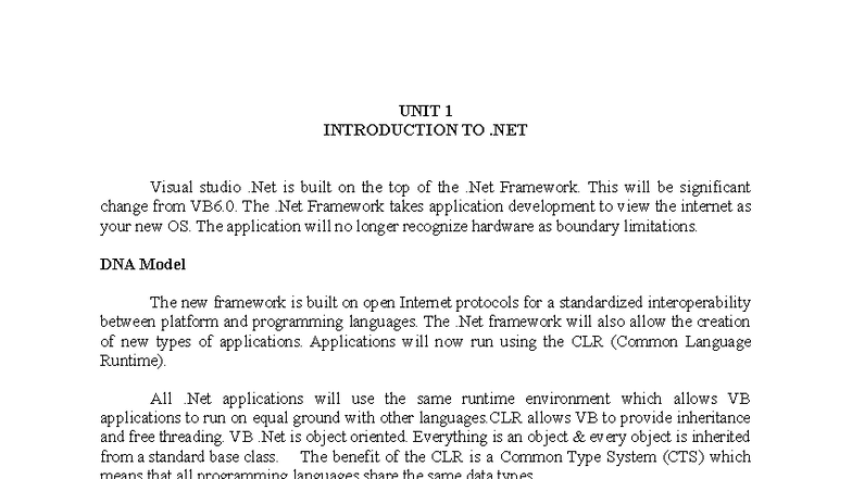 UNIT 1: INTRODUCTION TO .NET Framework - Overview and Key Concepts ...