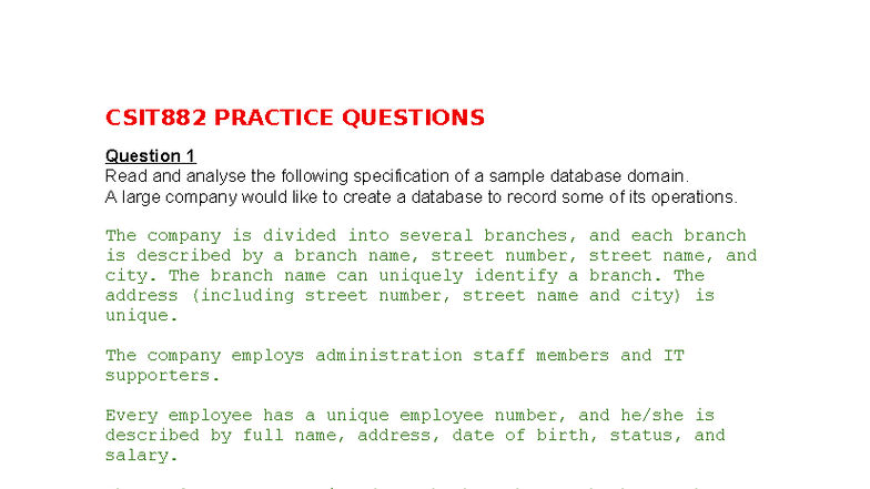 CSIT882 Exam Practice Questions on Database Design and SQL - Studocu
