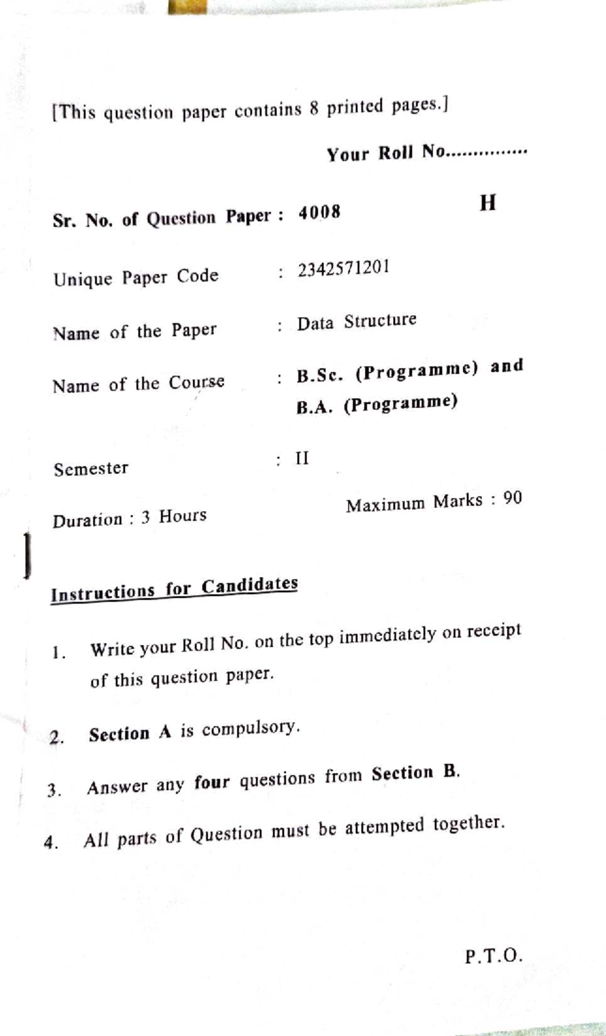Data Structure Question Paper 2342571201 - B.Sc. II Semester - Studocu