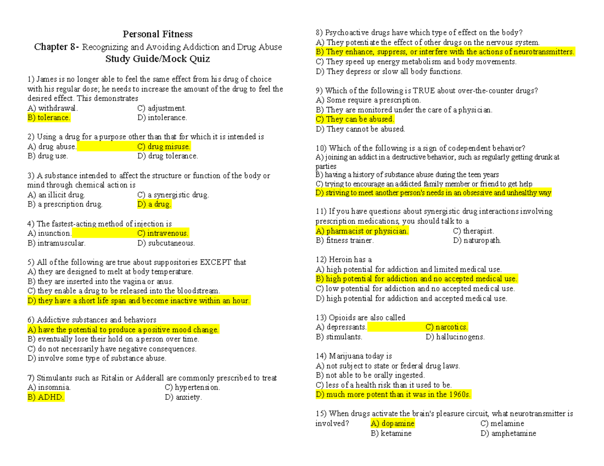 Chapter 8 - Recognizing Addiction & Drug Abuse Study Guide/Mock Quiz ...