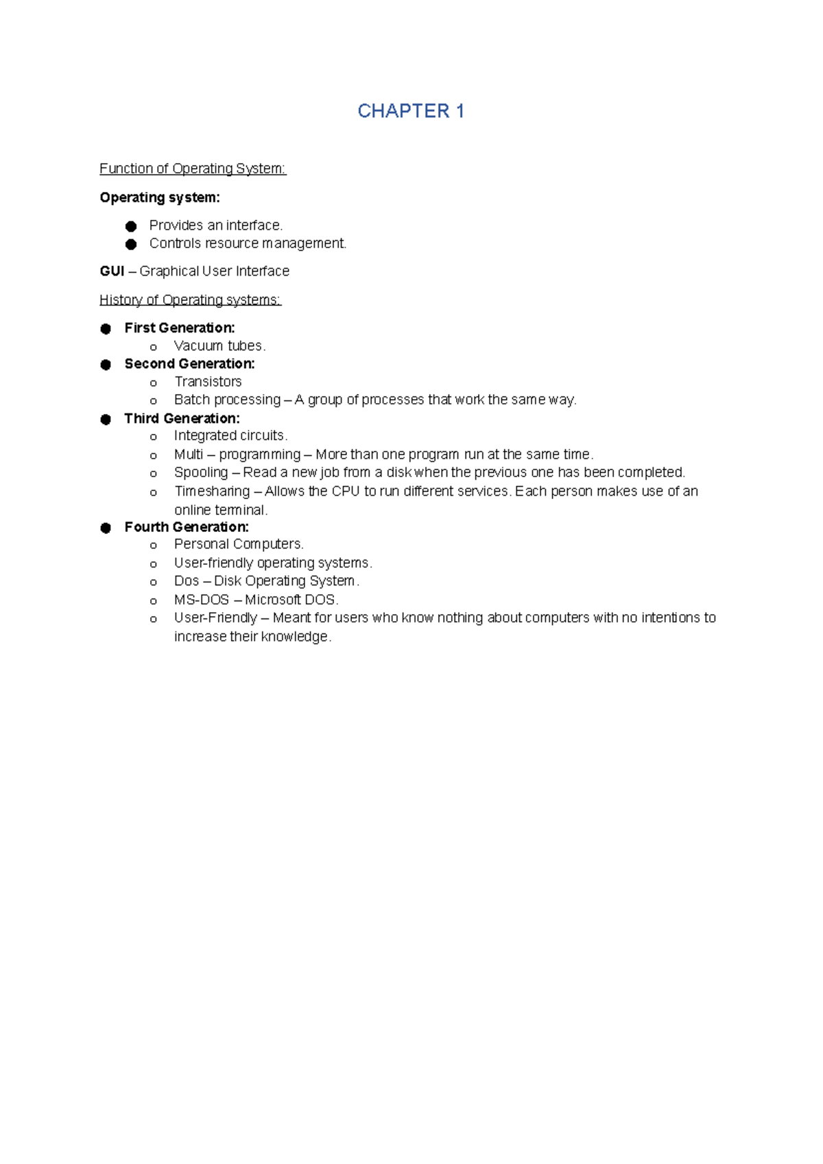 Operating Systems Summary - CHAPTER 1 Function of Operating System ...