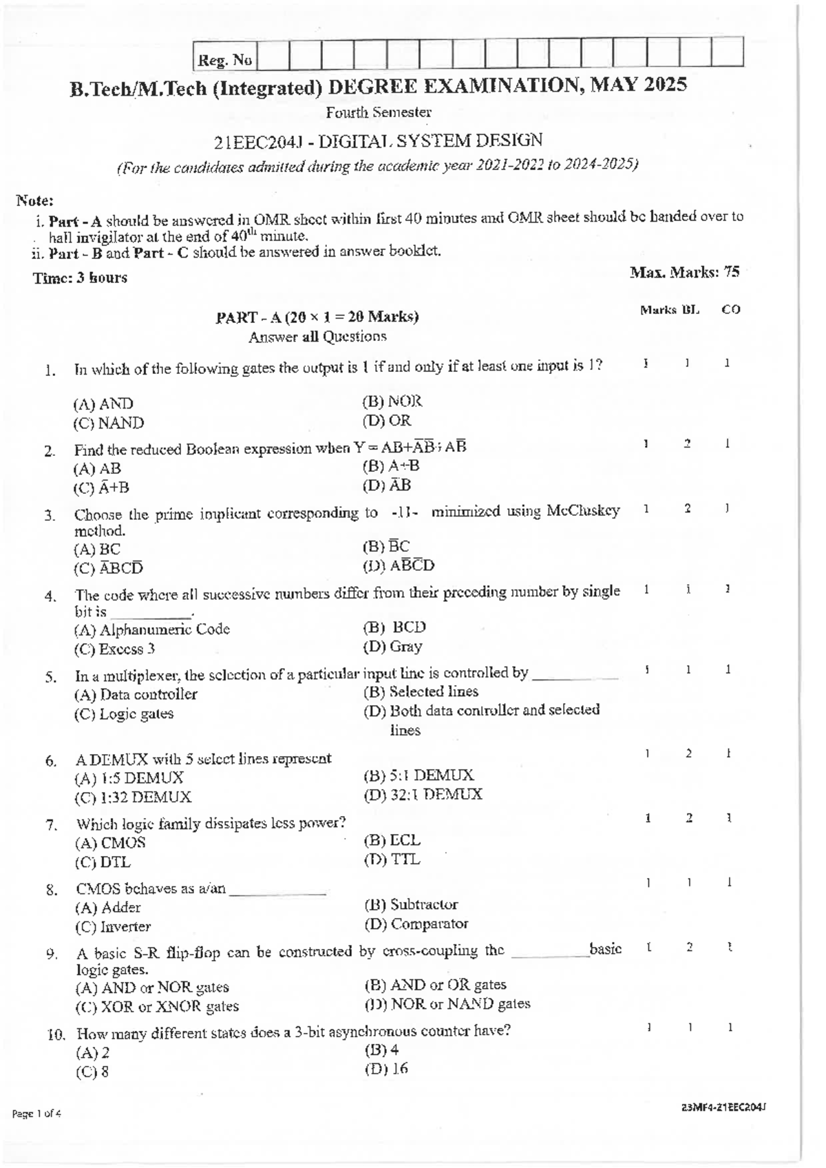 Title: 21EEC2047J Digital System Design - May 2025 Exam Paper - Studocu