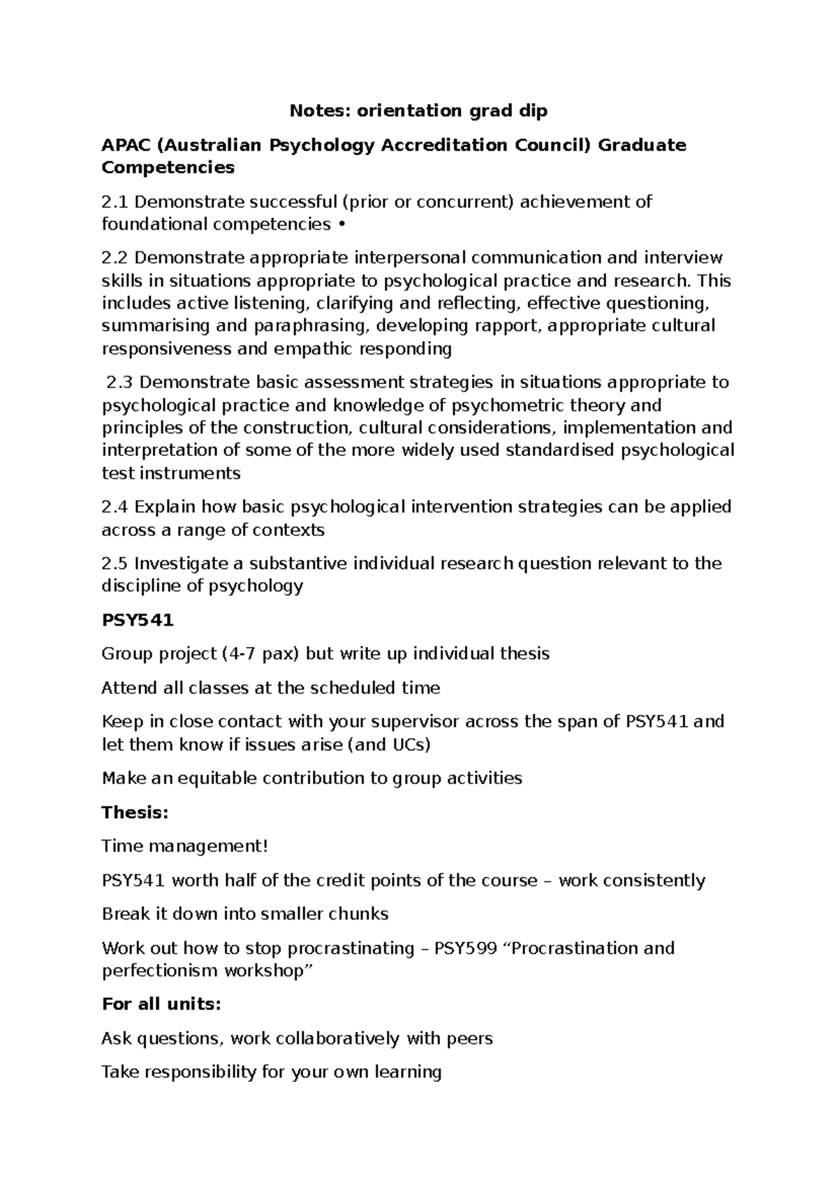 PSY541 Orientation Notes: Graduate Competencies & Thesis Guidelines ...