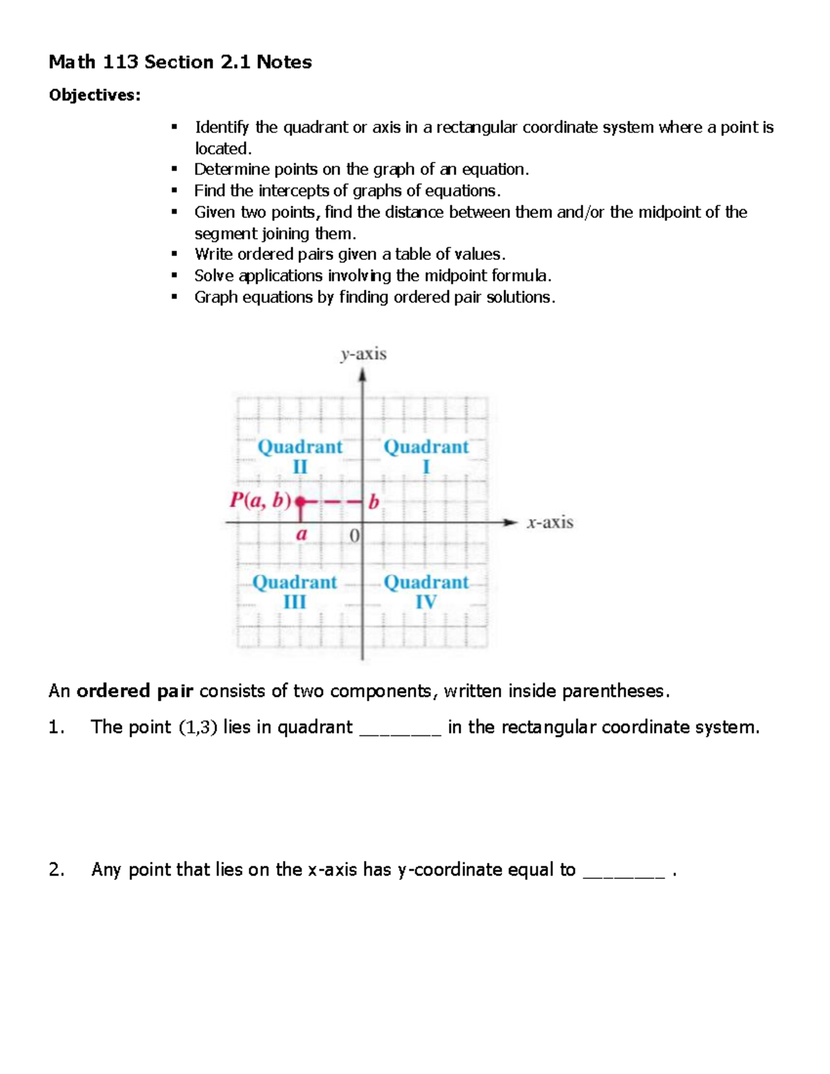 Math 113 Section 2.1 Graphing & Coordinate System Lecture Notes - Studocu