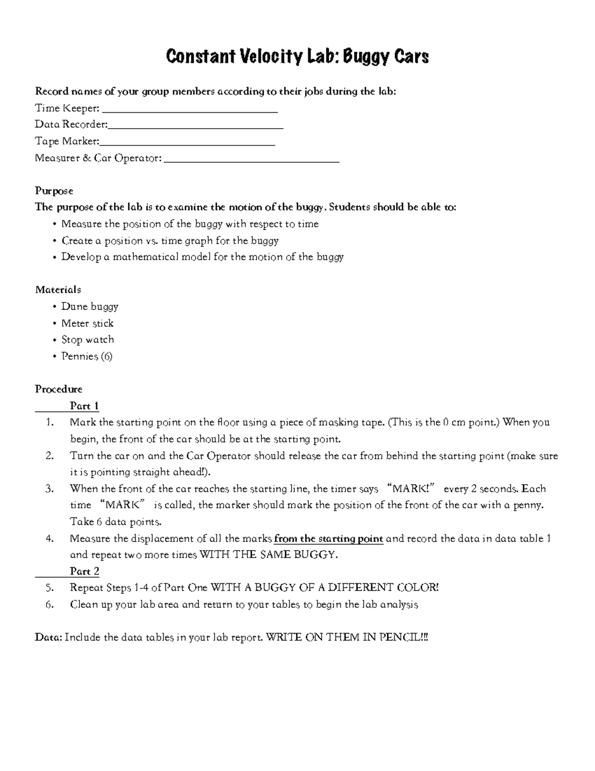 Constant Velocity Lab 2013-1 - Constant Velocity Lab: Buggy Cars 2 1 ...