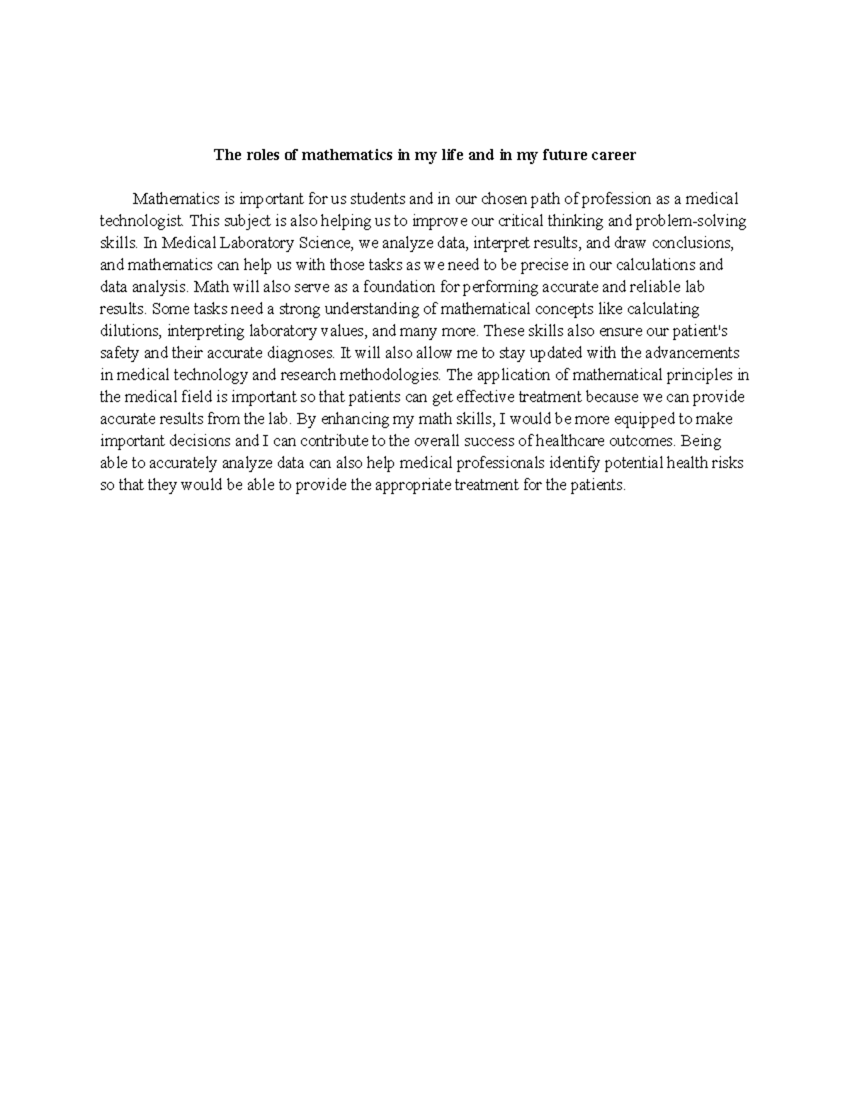 The roles of mathematics in my life and in my future career - This ...