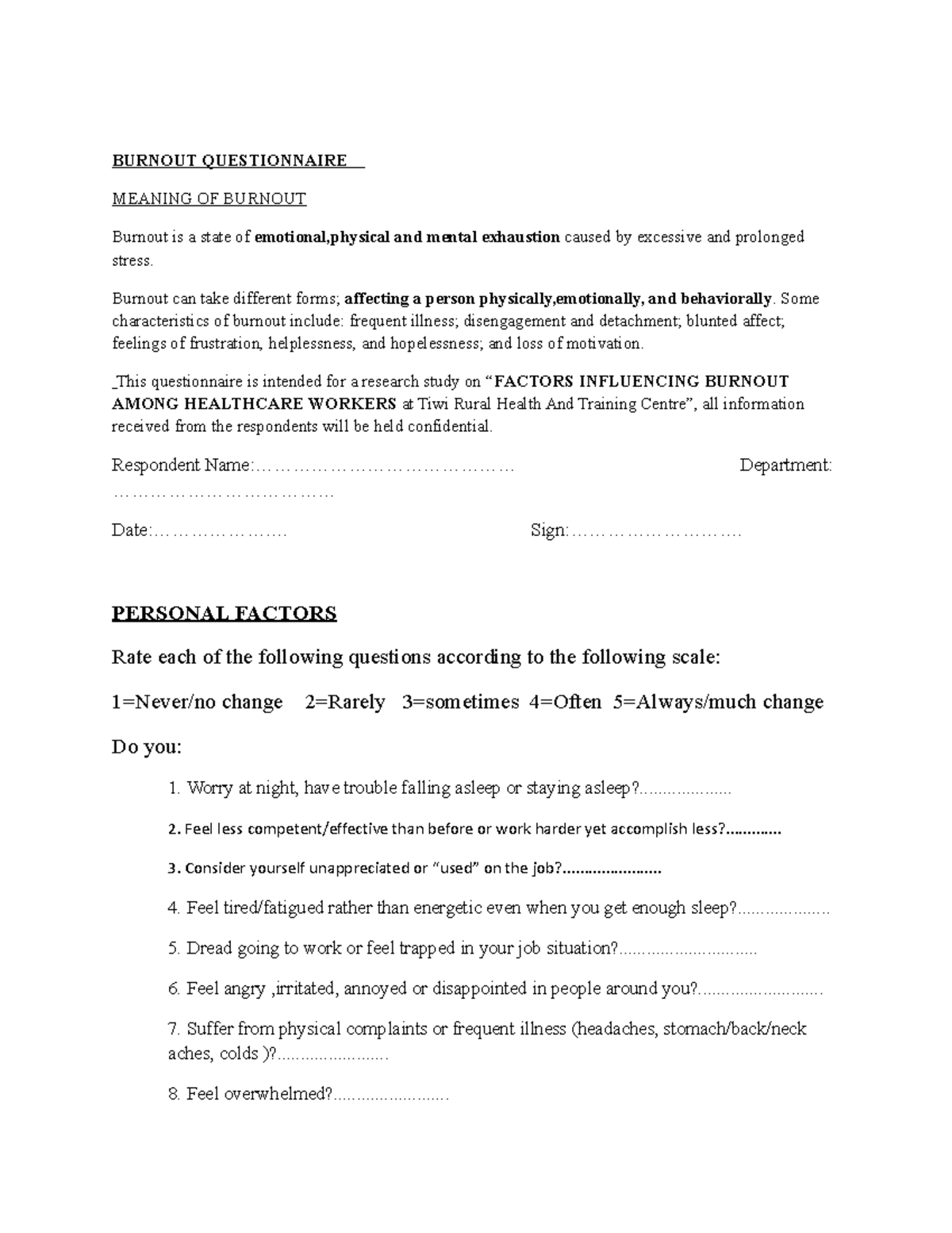 Burnout Questionnaire for Healthcare Workers: Influencing Factors Study ...