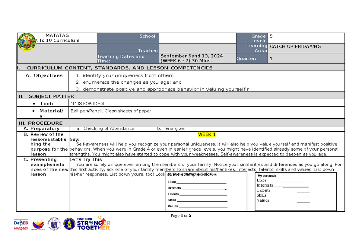 HG Q1 M1 DLP - lecture - I. CURRICULUM CONTENT, STANDARDS, AND LESSON ...