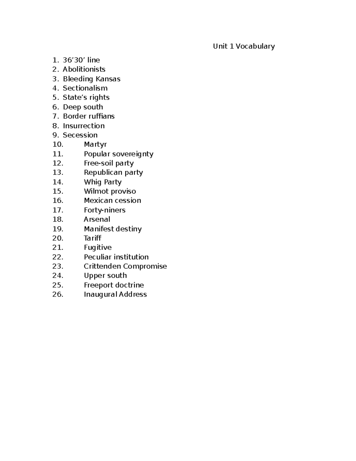 Unit 1 Vocabulary List: Key Terms and Concepts in U.S. History - Unit 1 ...
