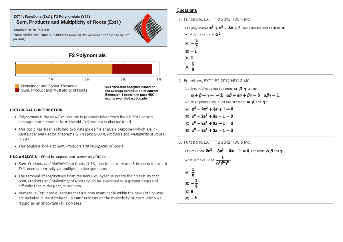 Sum and Product of Roots - EXT 1: Functions (Ext1), F2 Polynomials (Y11 ...